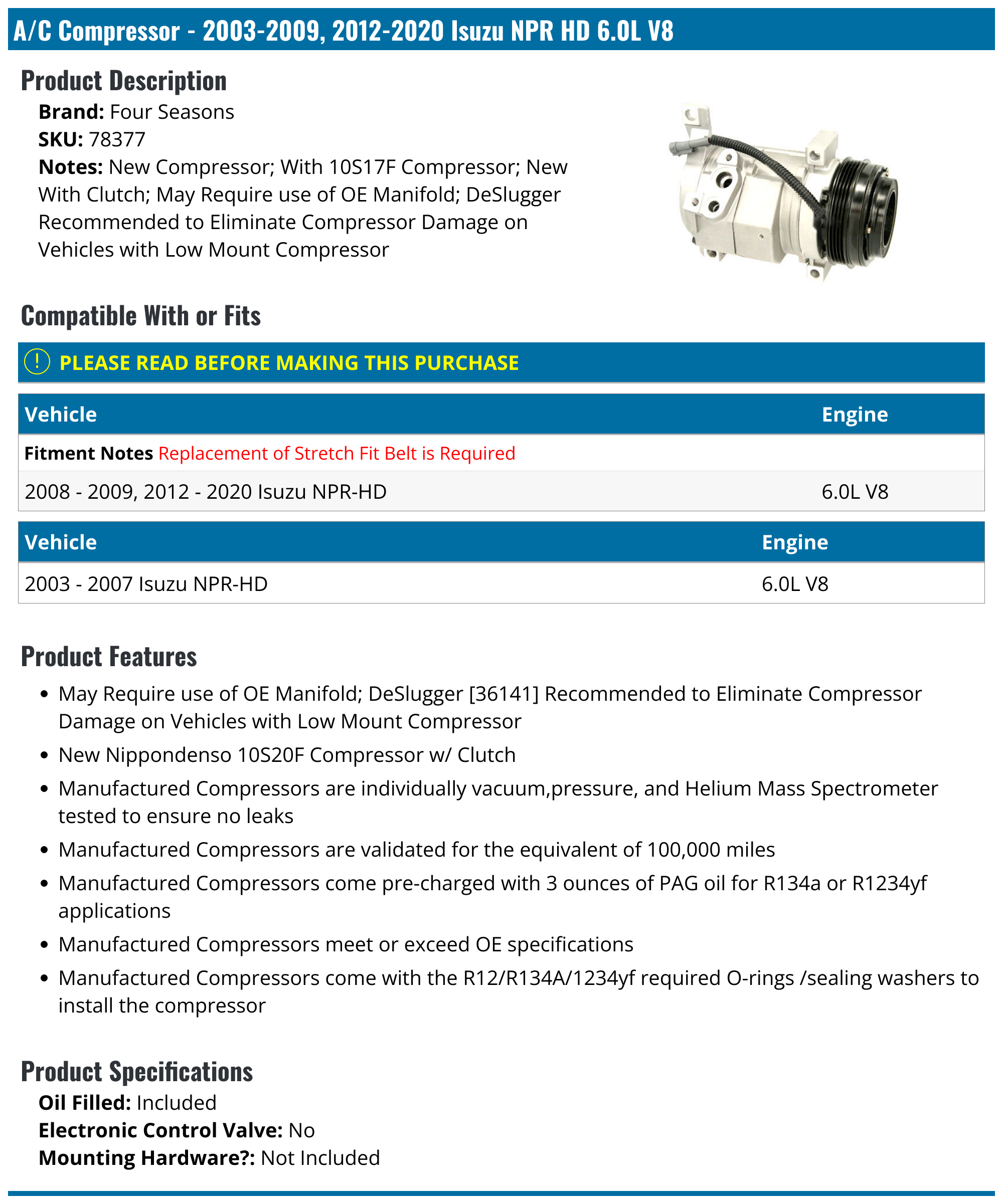2003-2009, 2012-2025 Isuzu NPR HD A/C Compressor - Four Seasons 78377 ...