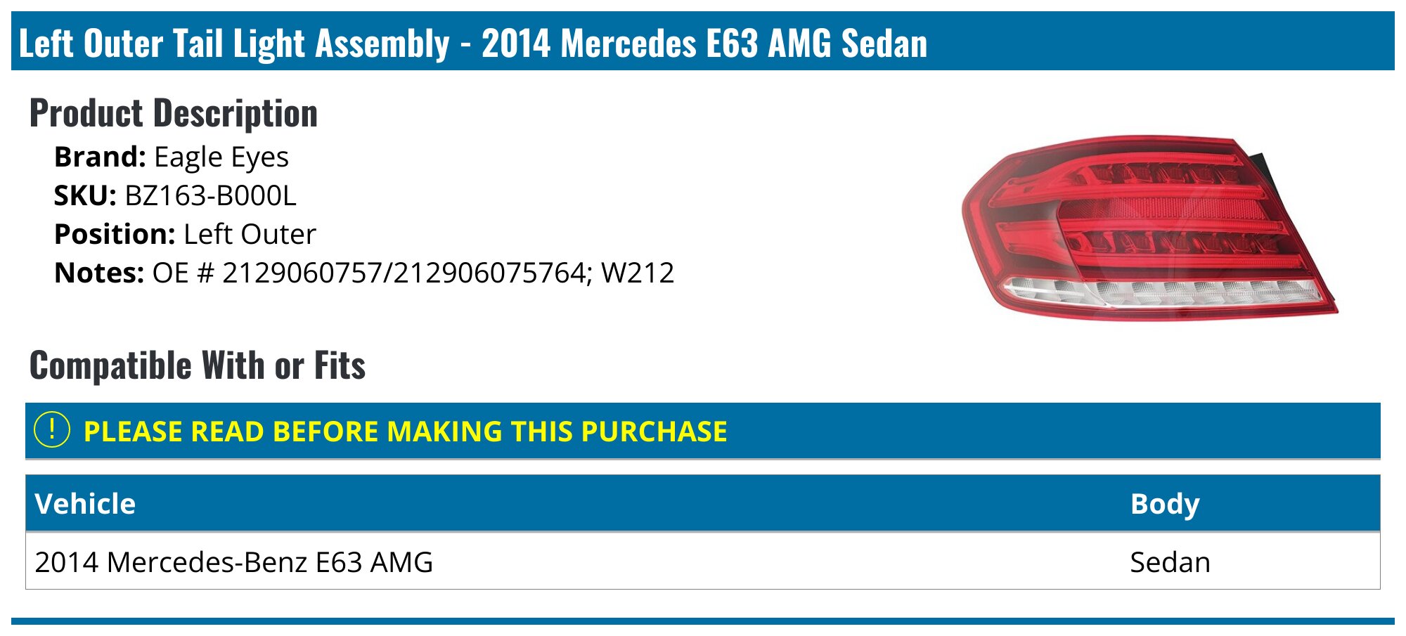 2014 Mercedes E63 AMG Tail Light Assembly - Eagle Eyes BZ163-B000L ...