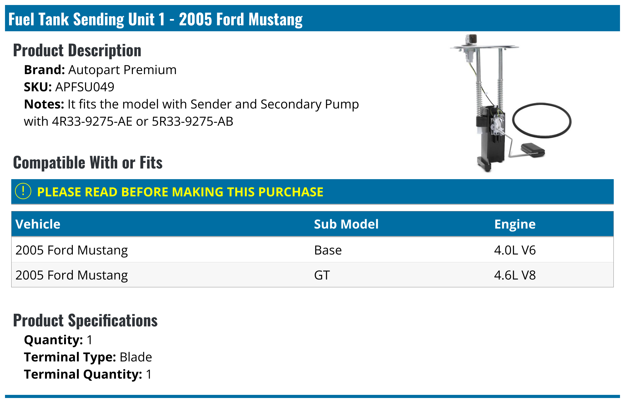 2005 Ford Mustang Fuel Tank Sending Unit - Autopart Premium APFSU049 ...