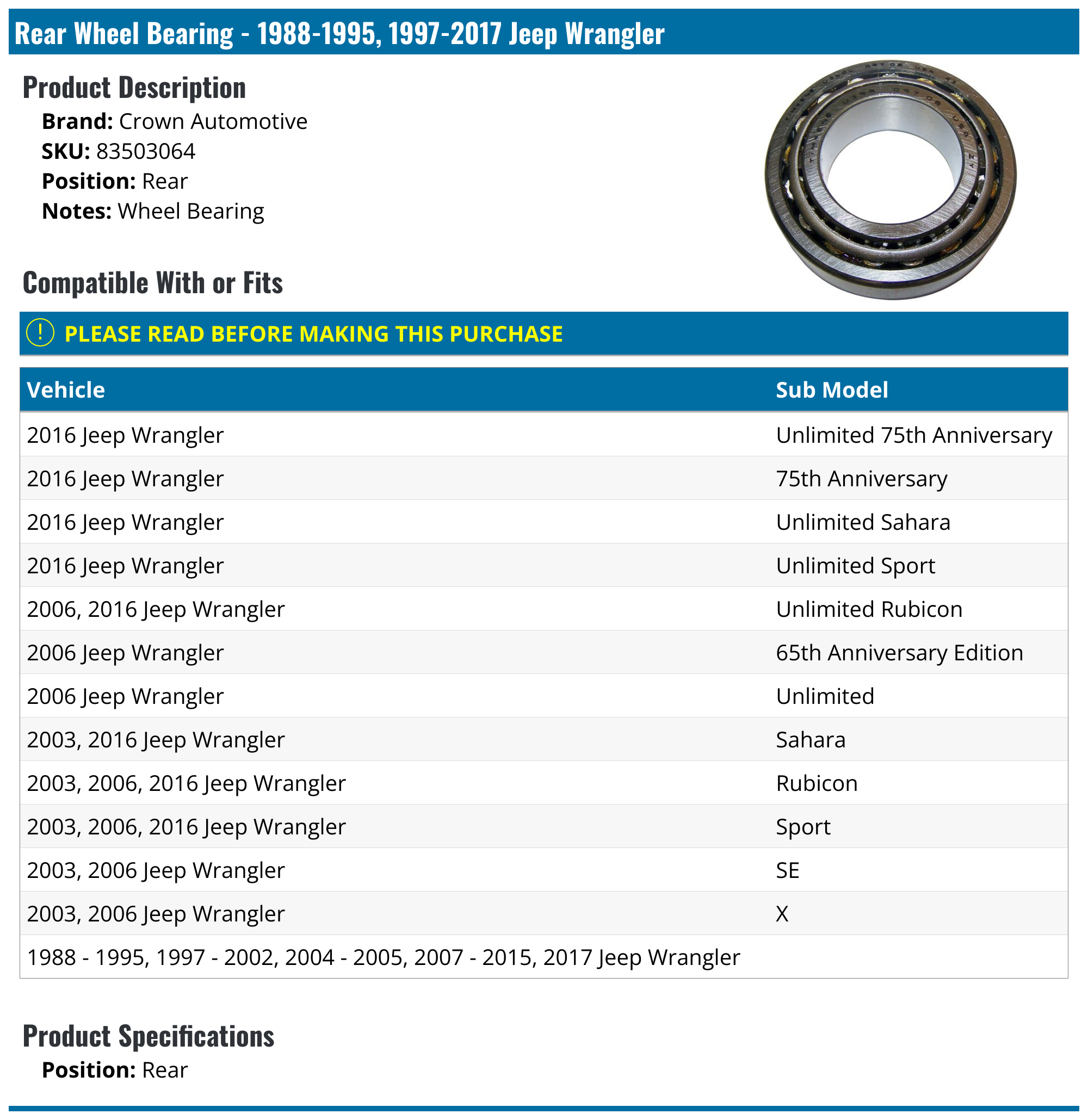 1988-1995, 1997-2017 Jeep Wrangler Wheel Bearing - Crown Automotive ...