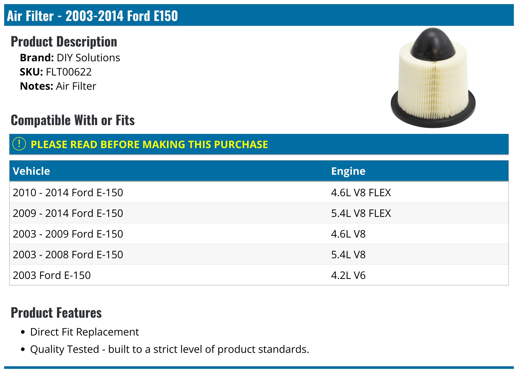 2003-2014 Ford E150 Air Filter - DIY Solutions FLT00622 - Main ...