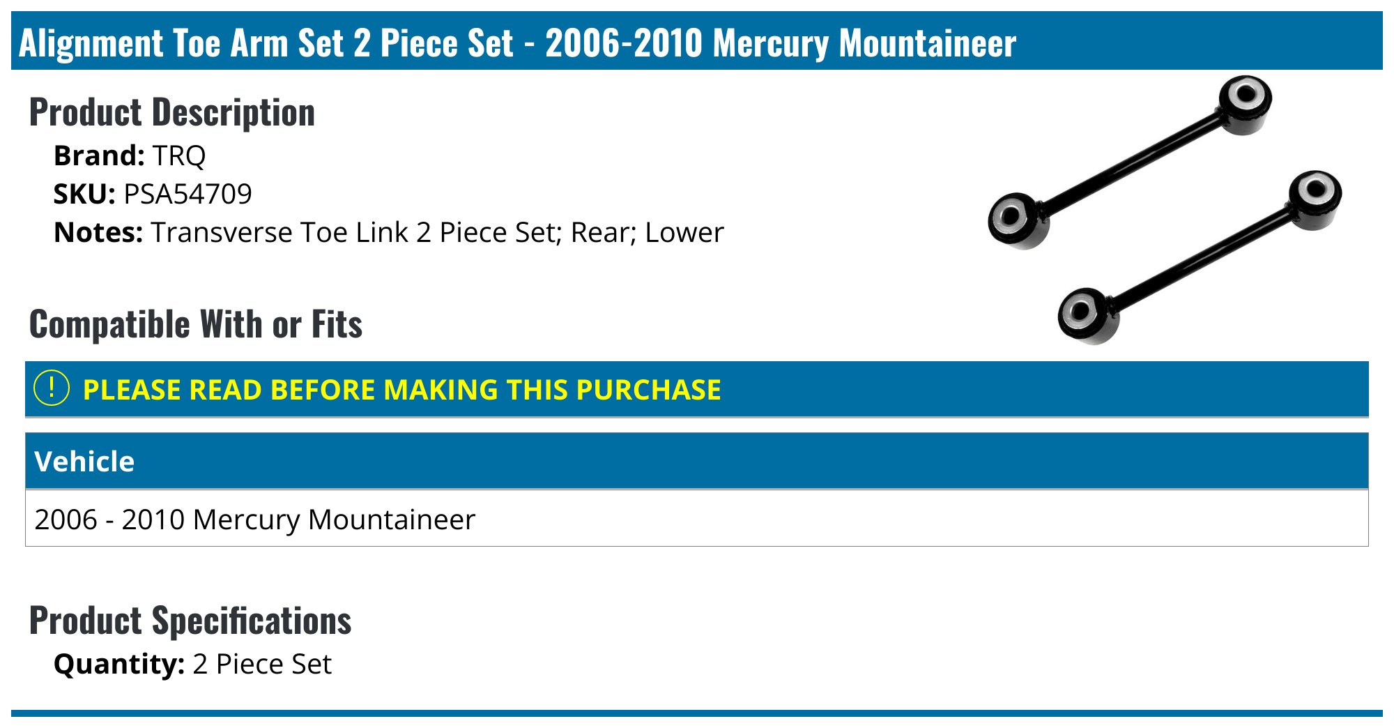 2006-2010 Mercury Mountaineer Alignment Toe Arm - TRQ PSA54709 ...