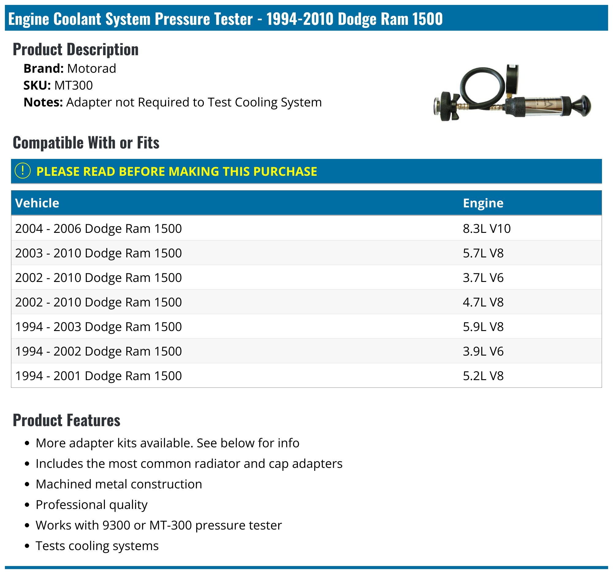 1994-2010 Dodge Ram 1500 Engine Coolant System Pressure Tester ...