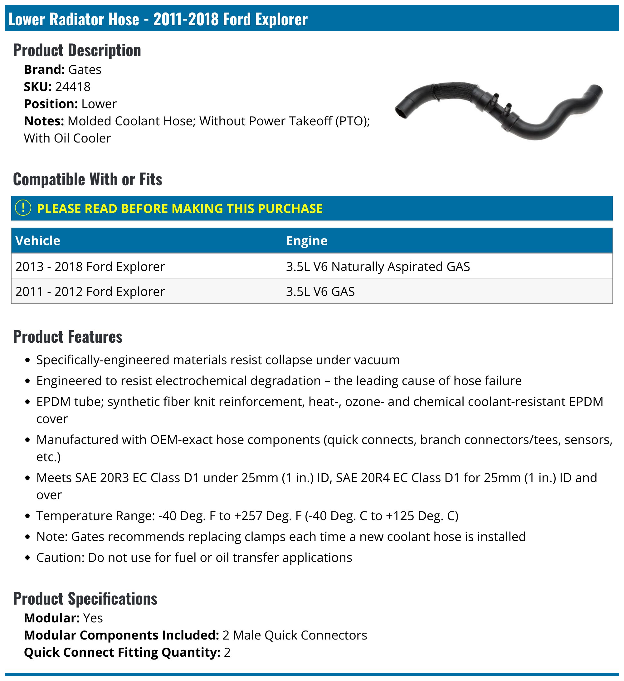 2011-2018 Ford Explorer Radiator Hose - Gates 24418 - Lower - PartsGeek.com