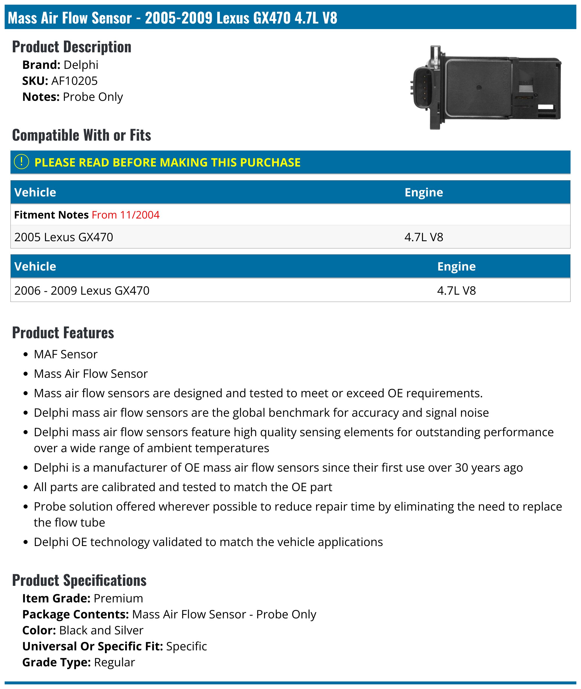 2005-2009 Lexus GX470 Air Mass Sensor - Delphi AF10205 - PartsGeek.com
