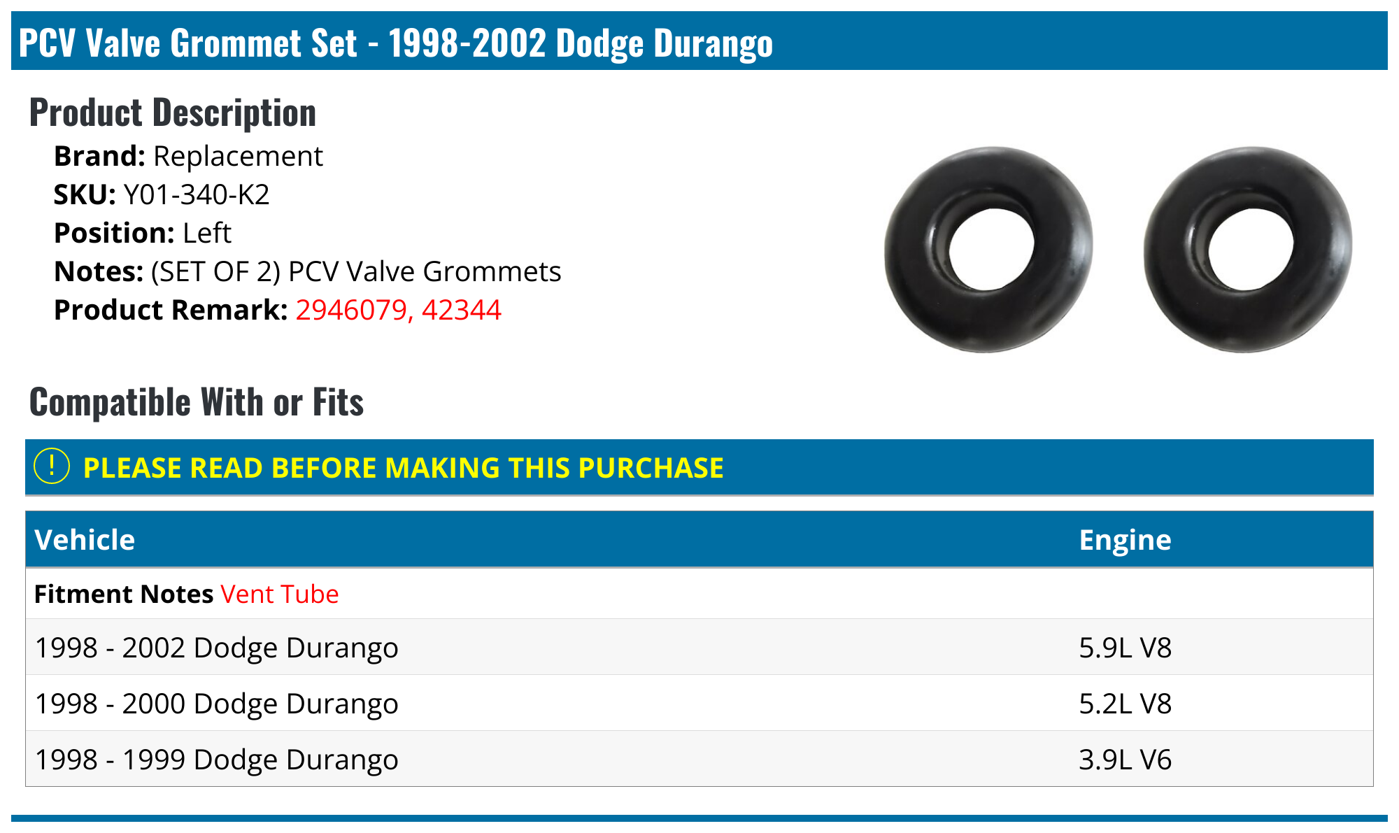 1998-2002 Dodge Durango PCV Valve Grommet - Replacement Y01-340-K2 ...