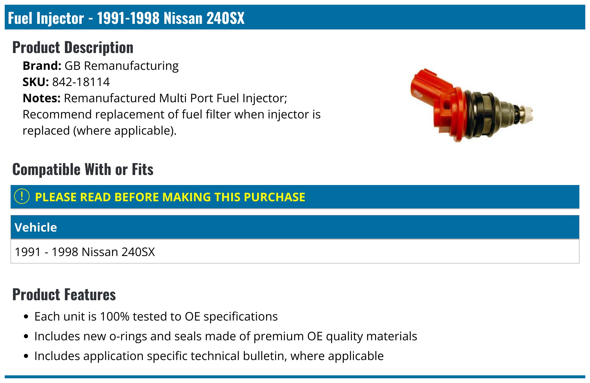 1991-1998 Nissan 240SX Fuel Injector - GB Remanufacturing 842-18114 ...