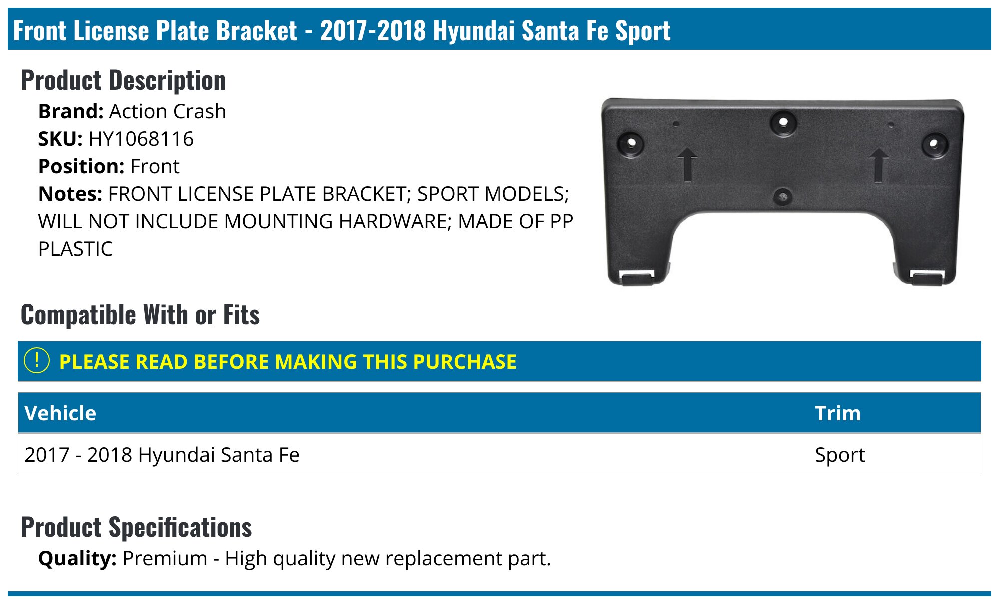 2017-2018 Hyundai Santa Fe License Plate Bracket - Action Crash ...