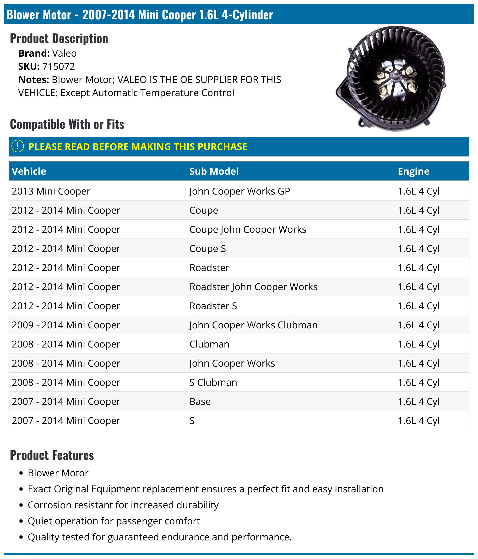 2007-2014 Mini Cooper Blower Motor - Valeo 715072 - PartsGeek.com