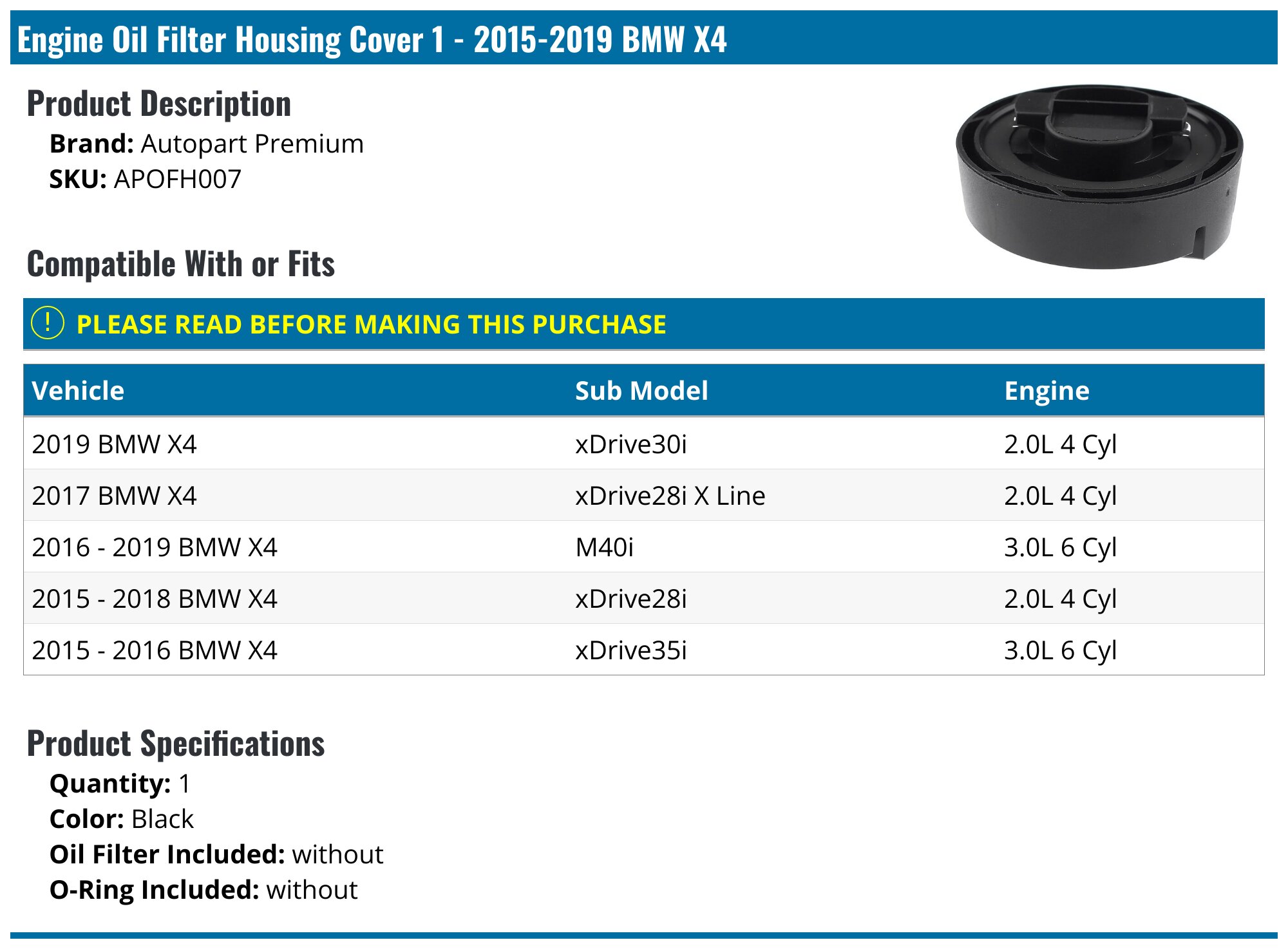2015-2019 BMW X4 Engine Oil Filter Housing Cover - Autopart Premium ...