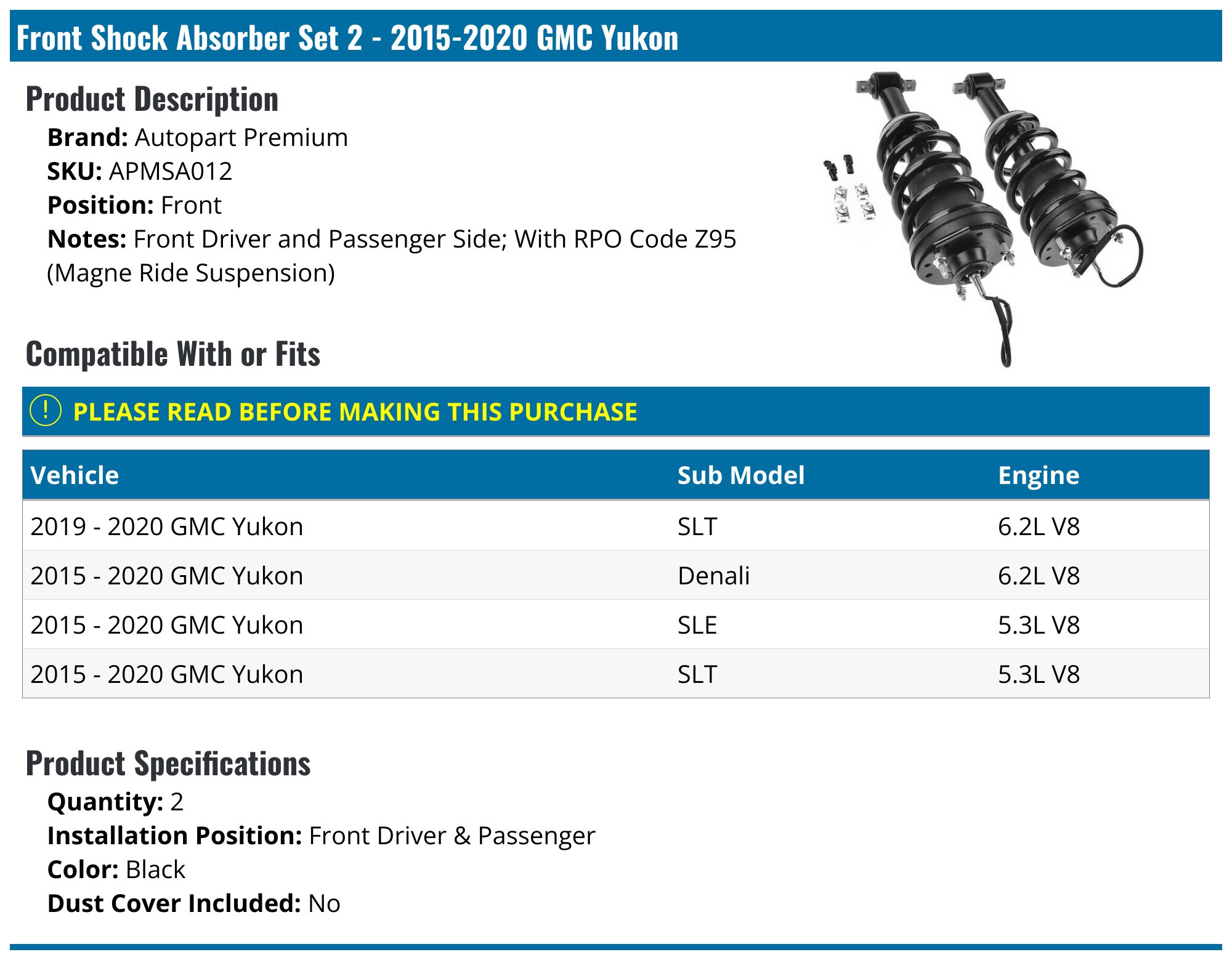 2015-2020 GMC Yukon Shock Absorber - Autopart Premium APMSA012 - Front ...