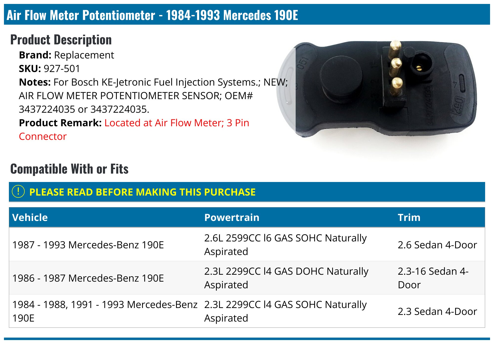 1984-1993 Mercedes 190E Air Mass Sensor - Replacement 927-501 ...