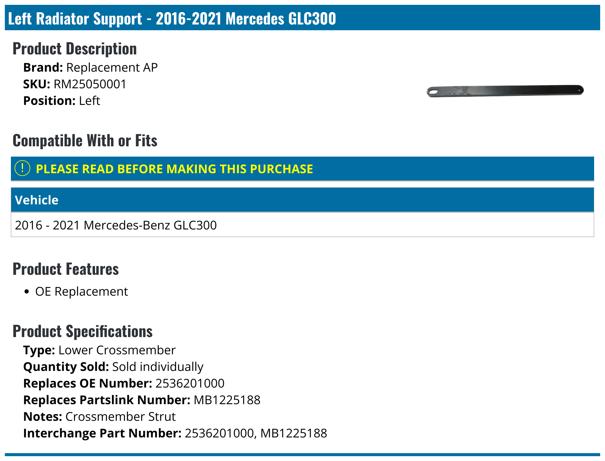 2016-2023 Mercedes GLC300 Radiator Support - Replacement AP RM25050001 ...