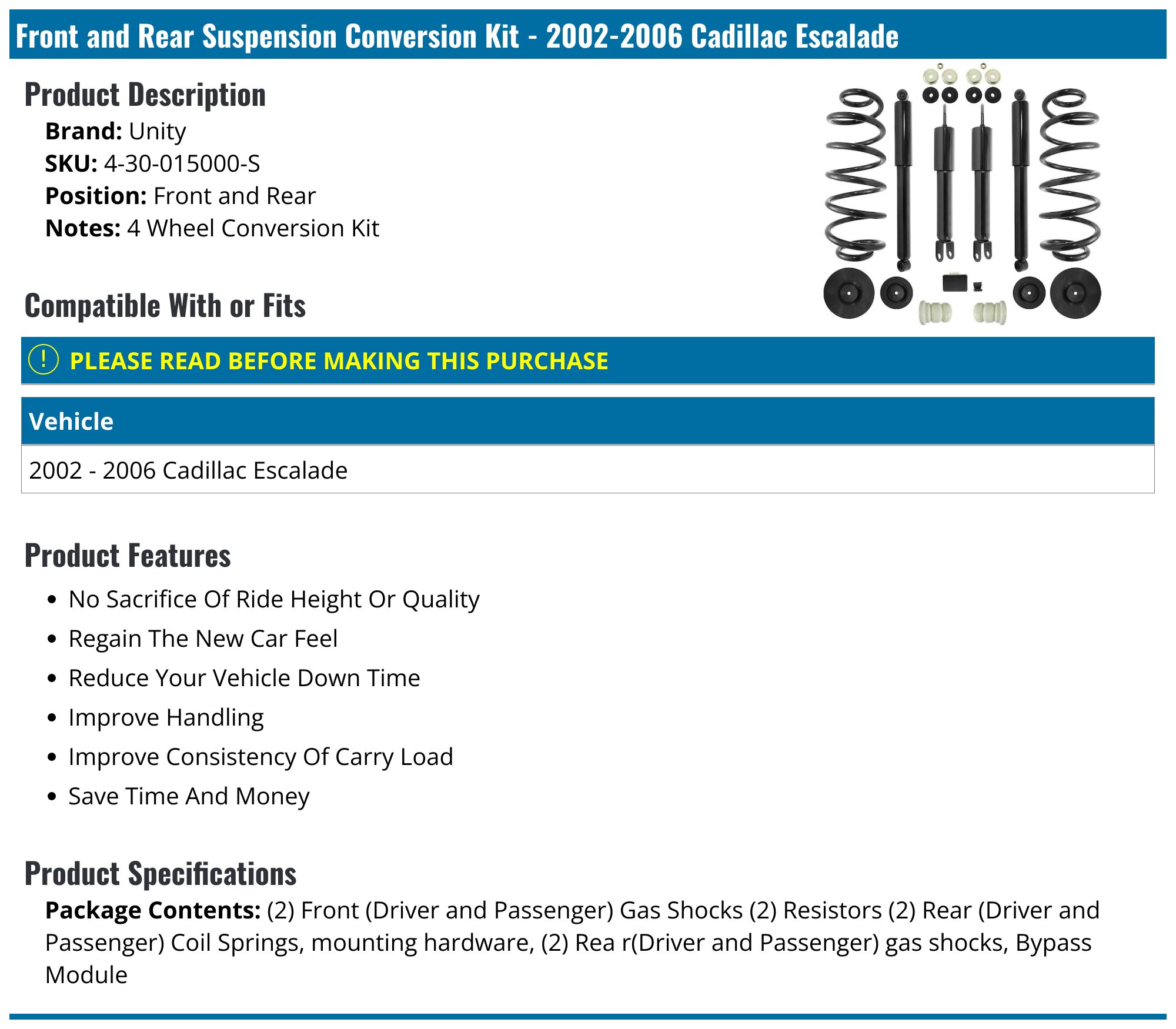 2002-2006 Cadillac Escalade Suspension Conversion Kit - Unity 4-30 ...