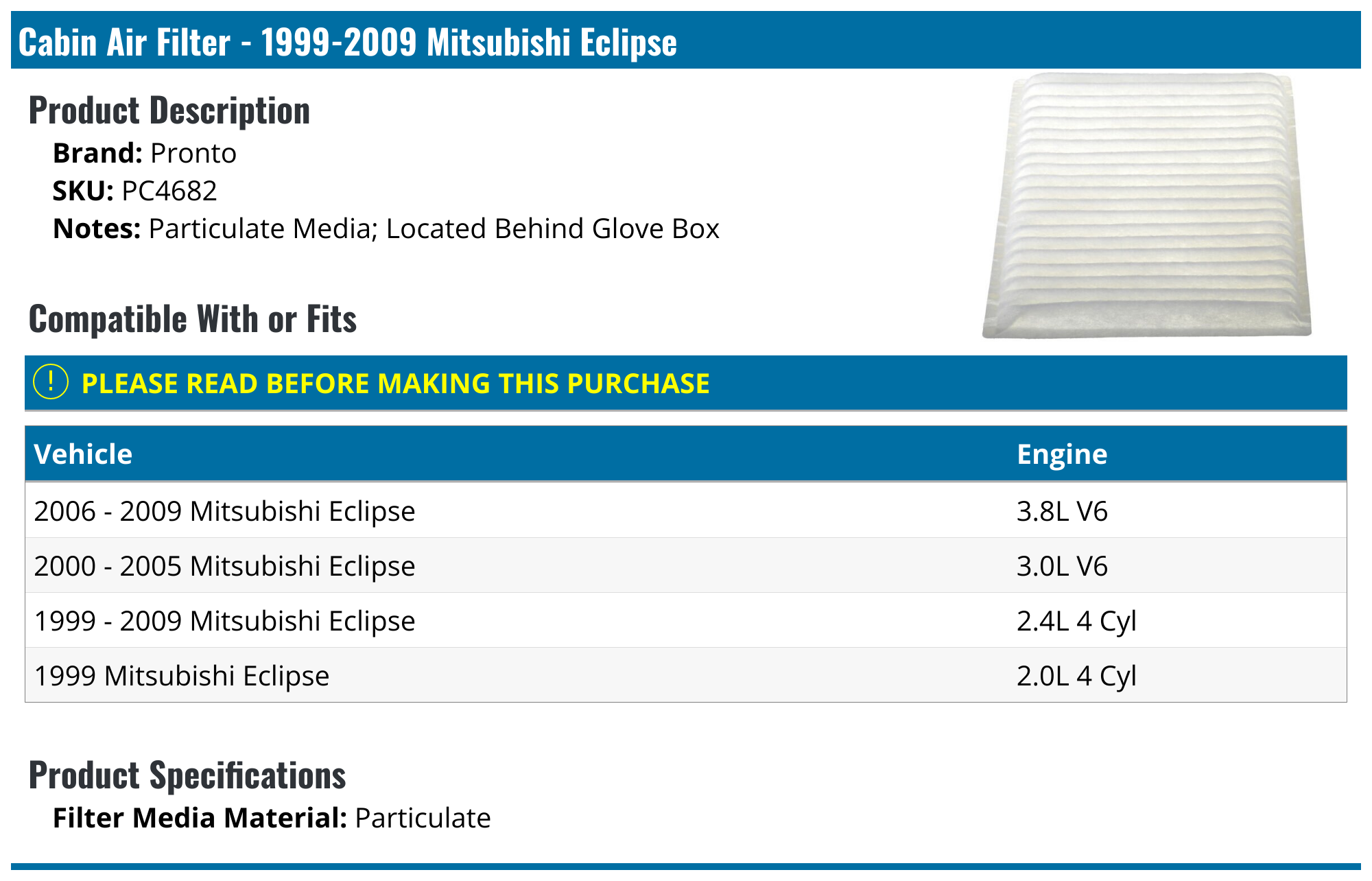 1999-2009 Mitsubishi Eclipse Cabin Air Filter - Pronto PC4682 ...