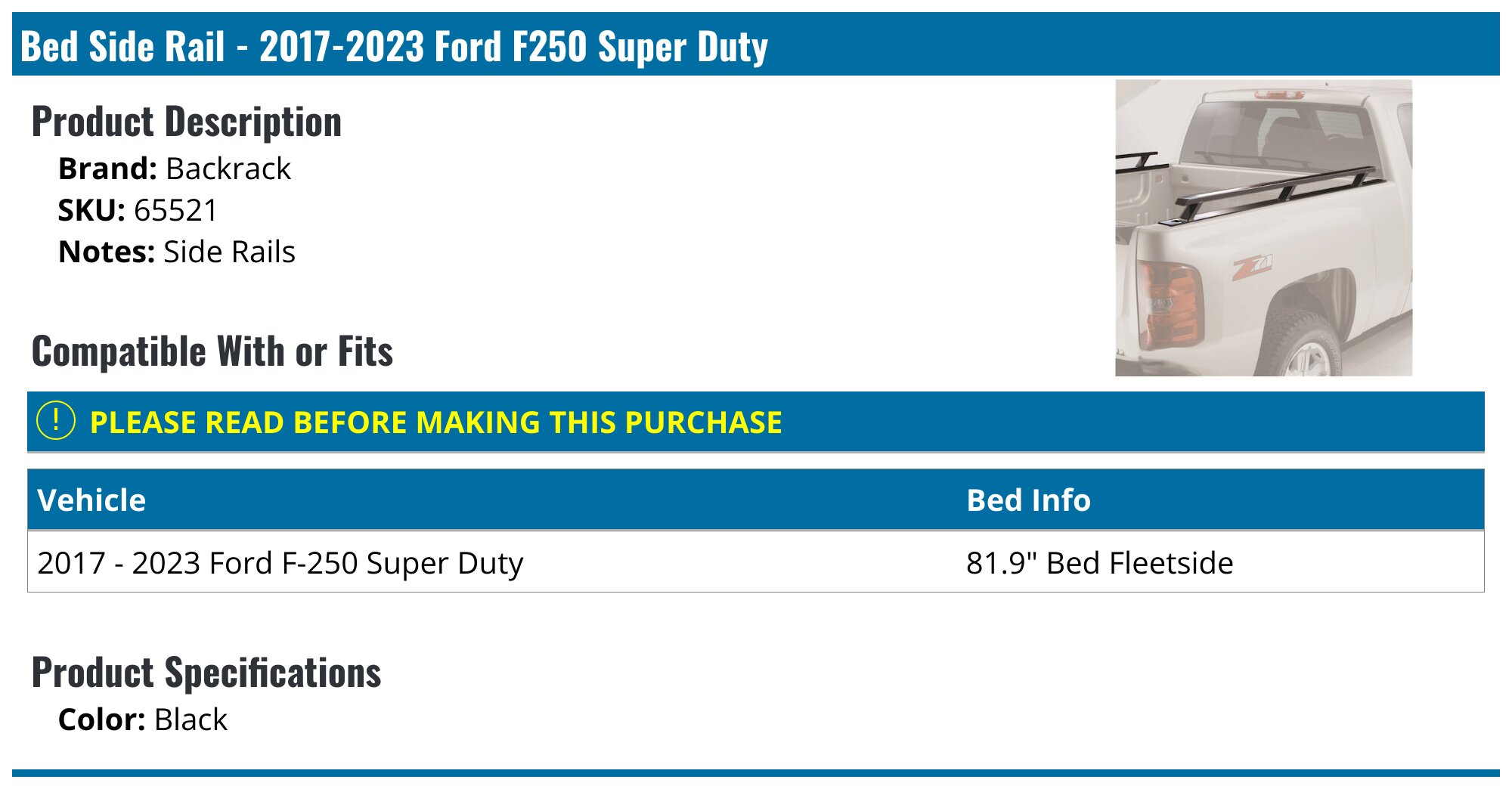 2017-2024 Ford F250 Super Duty Bed Side Rail - Backrack 65521 ...
