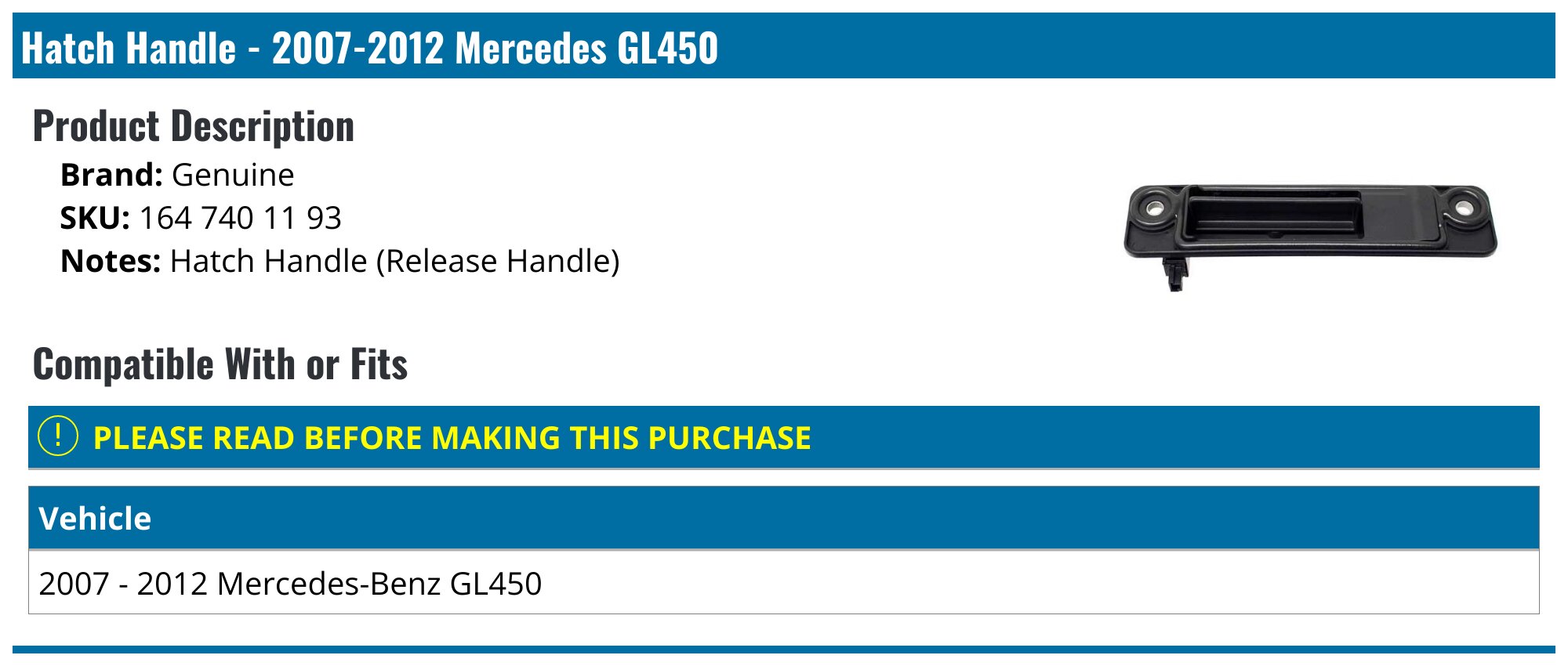 2007-2012 Mercedes GL450 Hatch Handle - Genuine 164 740 11 93 ...