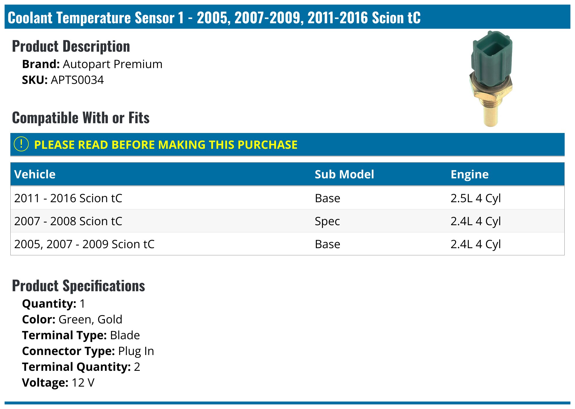 2005, 2007-2009, 2011-2016 Scion tC Engine Coolant Temperature Sensor ...