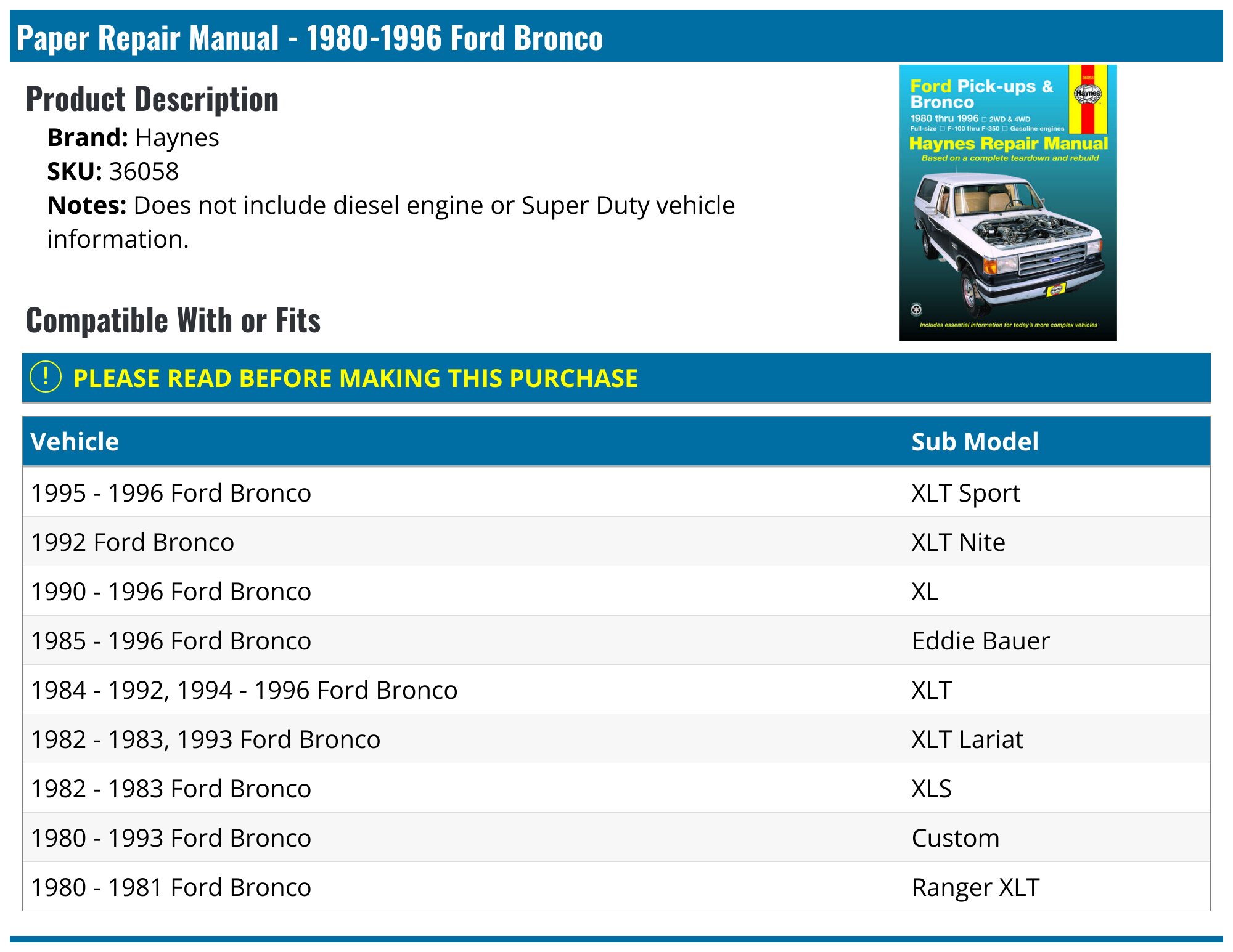1980-1996 Ford Bronco Paper Repair Manual - Haynes 36058 - PartsGeek.com