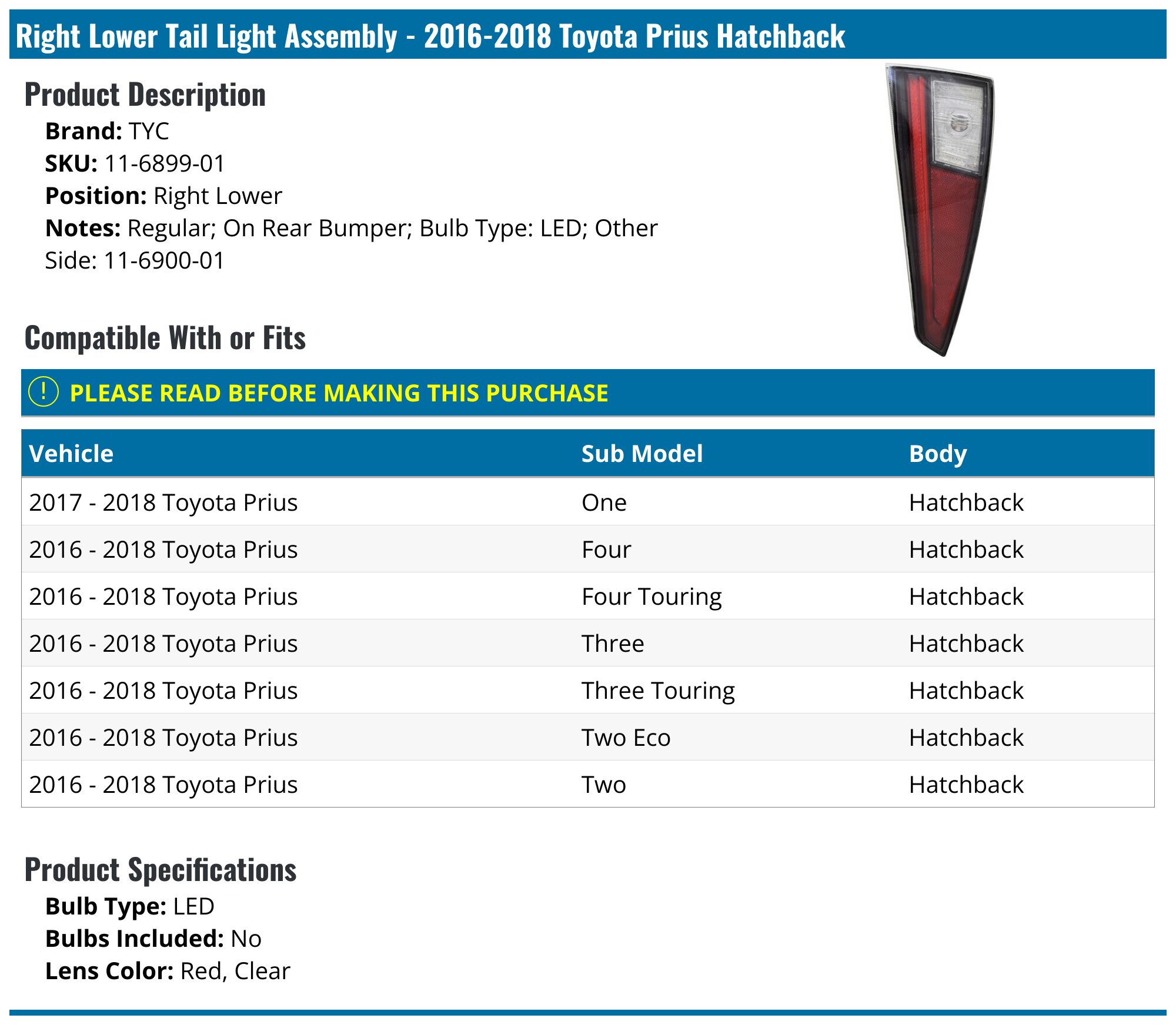 2016-2018 Toyota Prius Tail Light Assembly - TYC 11-6899-01 - Right ...