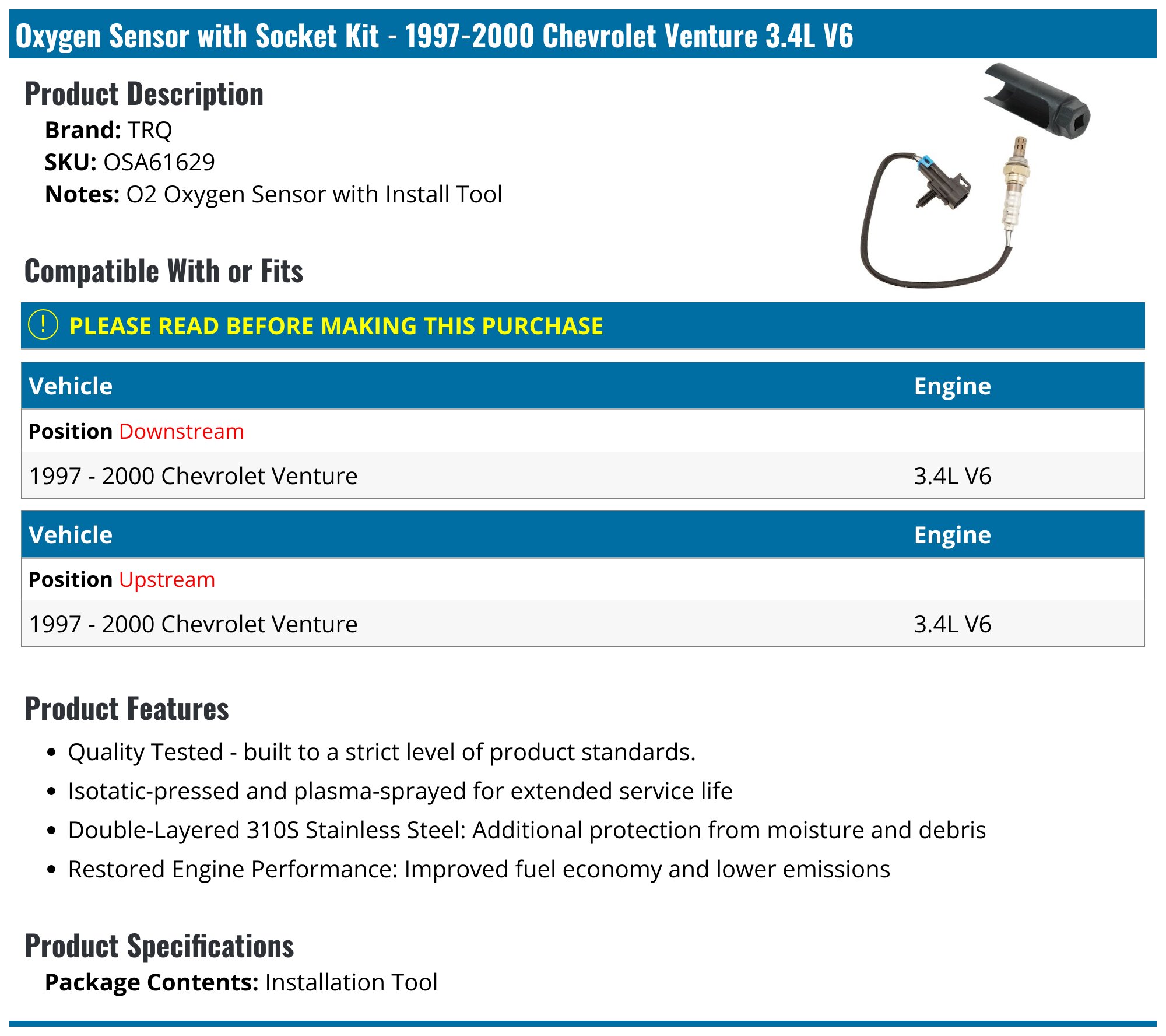 1997-2000 Chevrolet Venture Oxygen Sensor - TRQ OSA61629 - Upstream ...