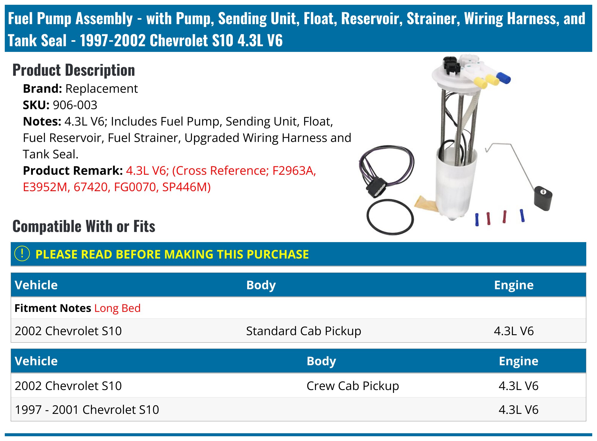 1997-2002 Chevrolet S10 Fuel Pump - Replacement 906-003 - - PartsGeek.com