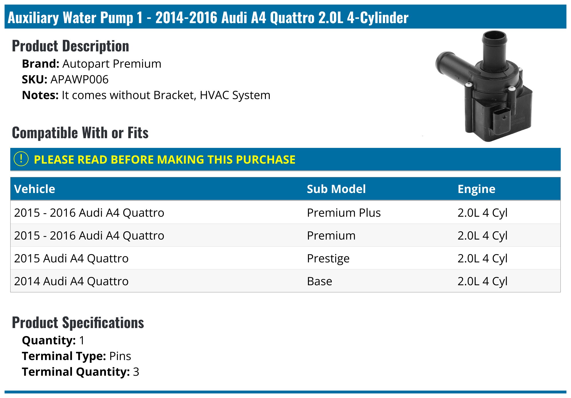 2014-2016 Audi A4 Quattro Water Pump - Autopart Premium APAWP006 ...
