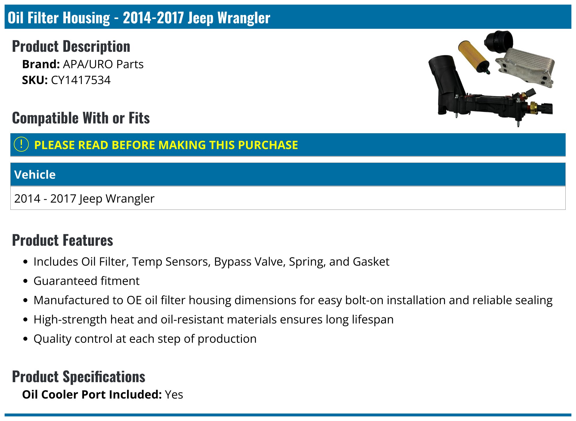 2014-2016 Jeep Wrangler Oil Filter Housing - APA/URO Parts CY1417534 ...