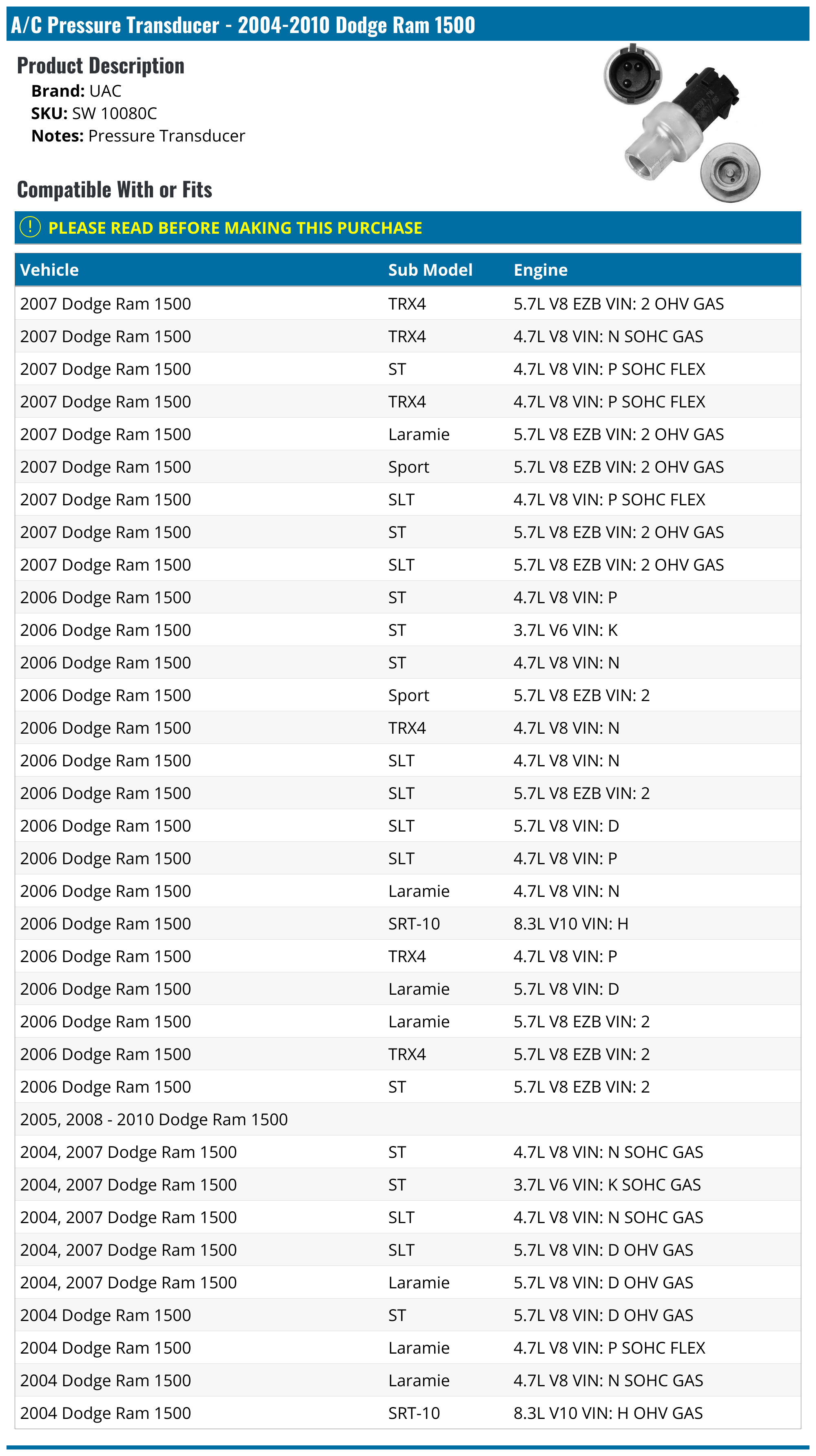 2004-2010 Dodge Ram 1500 A/C Pressure Transducer - UAC SW 10080C ...