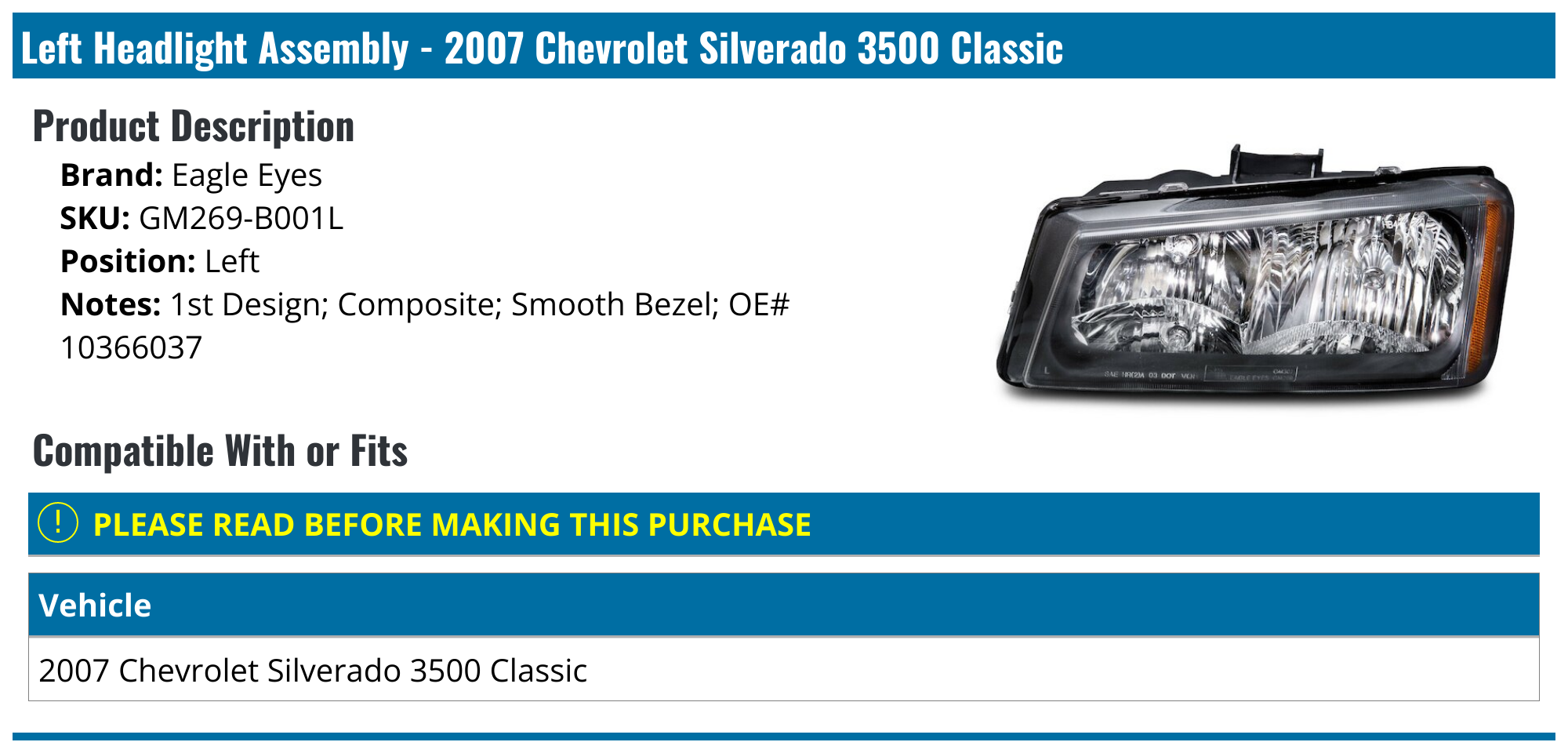 2007 Chevrolet Silverado 3500 Classic Headlight Assembly - Eagle Eyes ...