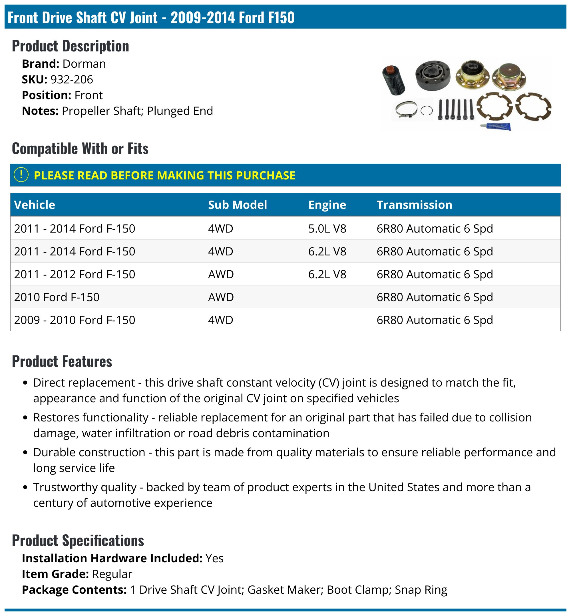 2009-2014 Ford F150 Drive Shaft CV Joint - Dorman 932-206 - Front ...