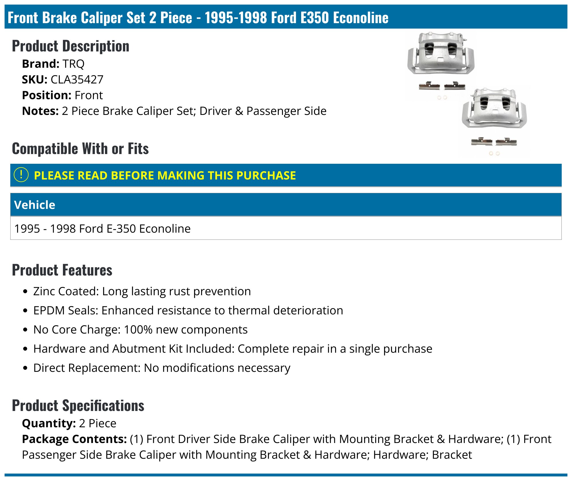 1995-1996 Ford E350 Econoline Brake Caliper - TRQ CLA35427 - Front ...