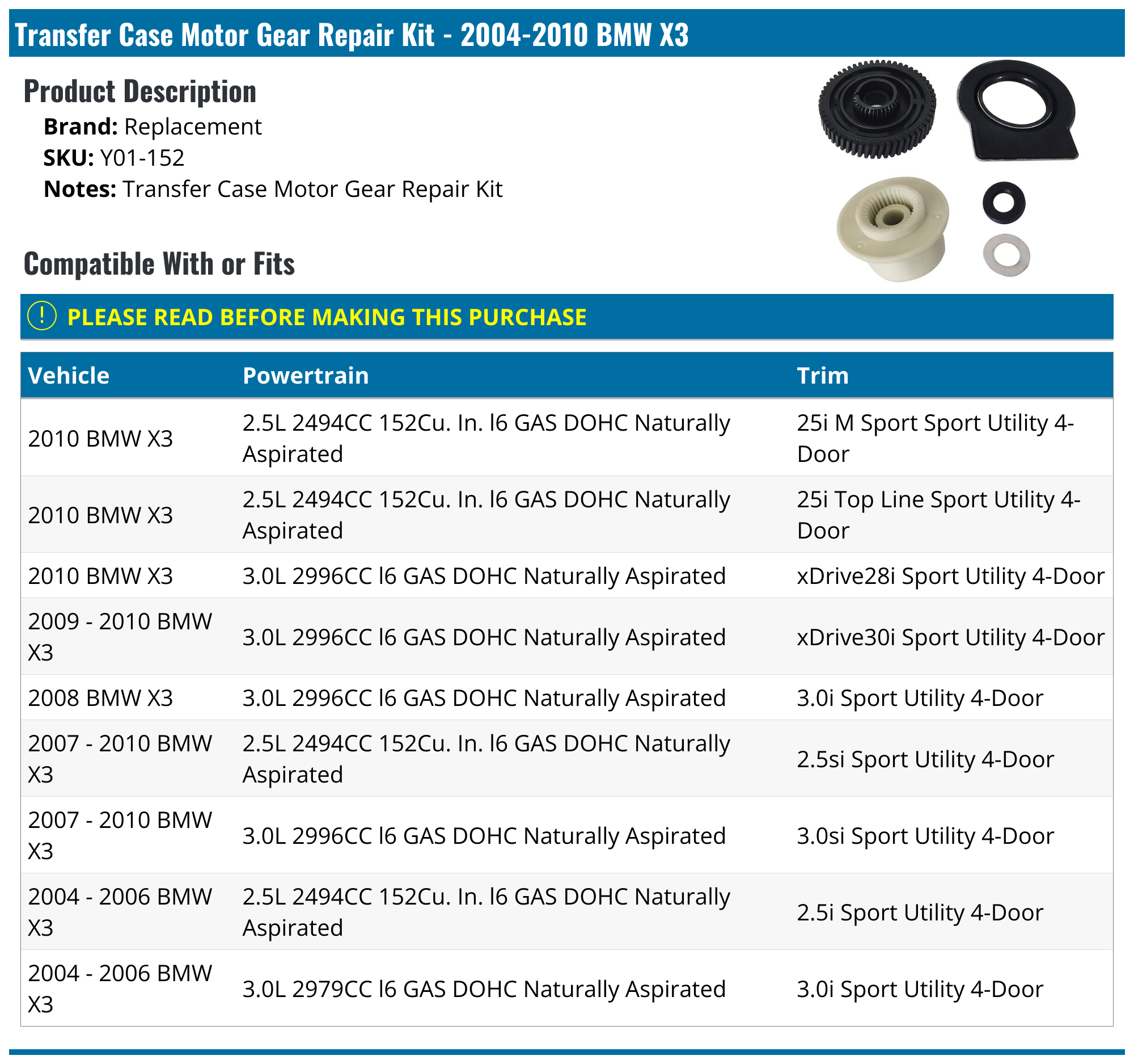 2004-2010 BMW X3 Transfer Case Motor Gear Repair Kit - Replacement Y01 ...