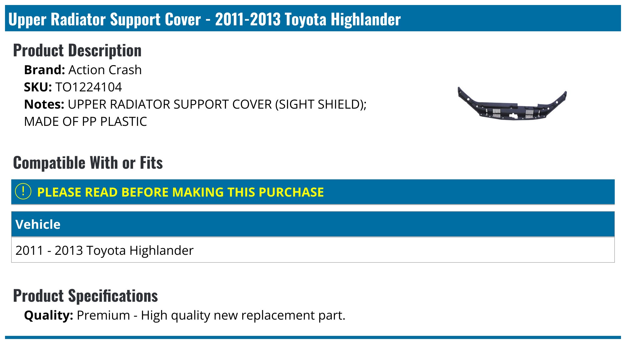 2011-2013 Toyota Highlander Radiator Support Cover - Action Crash ...