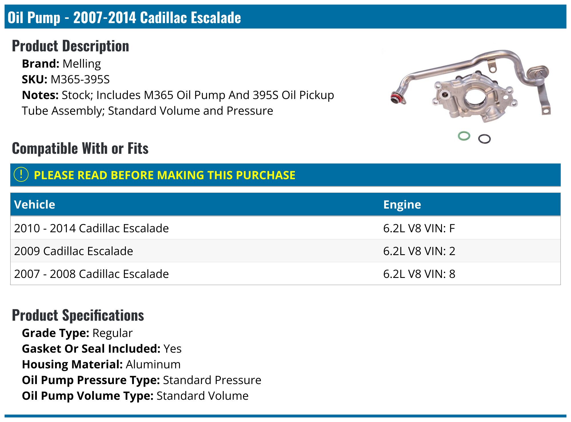 2007-2014 Cadillac Escalade Oil Pump - Melling M365-395S - PartsGeek.com