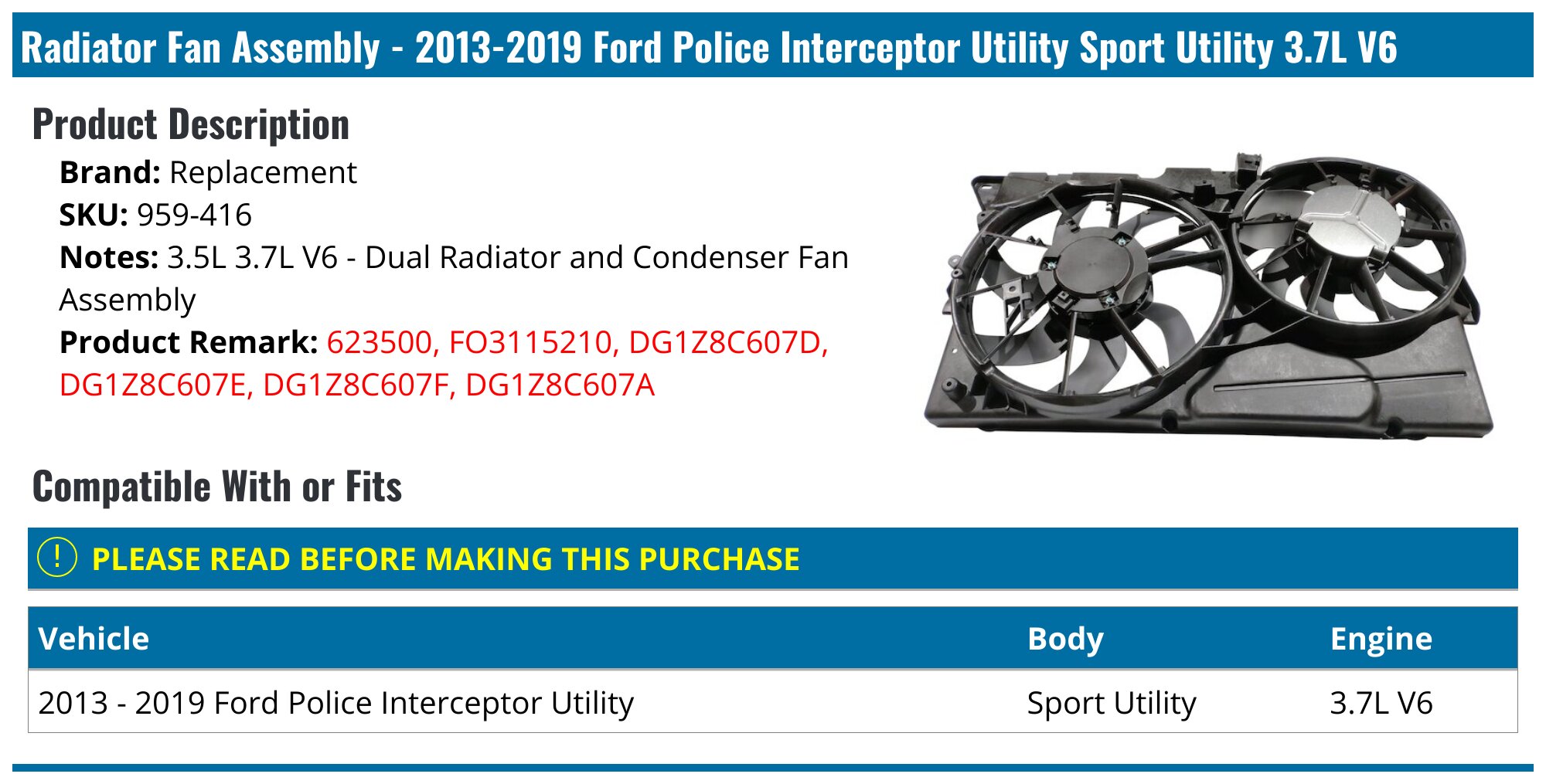2013-2019 Ford Police Interceptor Utility Radiator Fan Assembly ...