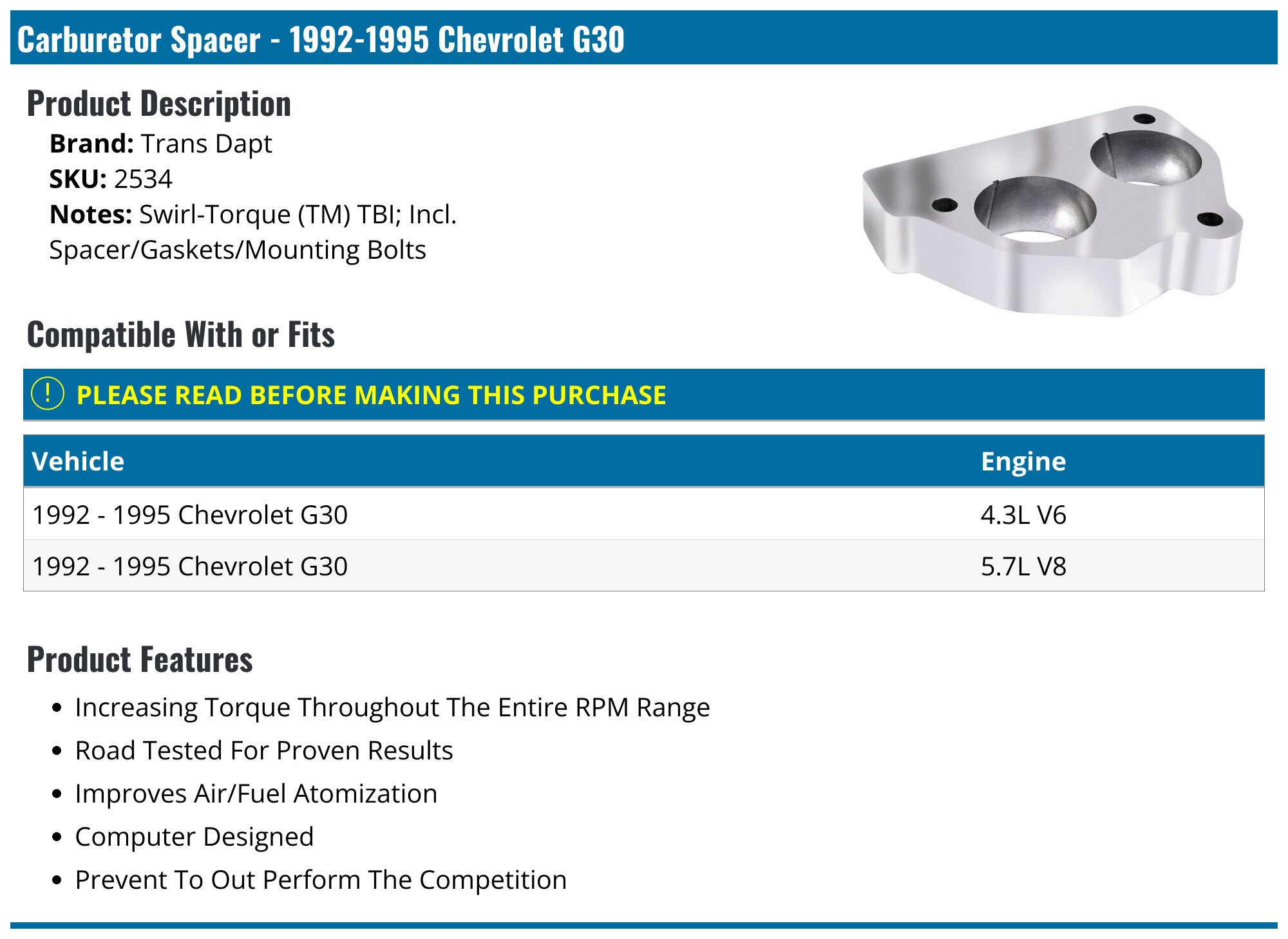 1992-1995 Chevrolet G30 Carburetor Spacer - Trans Dapt 2534 - PartsGeek.com