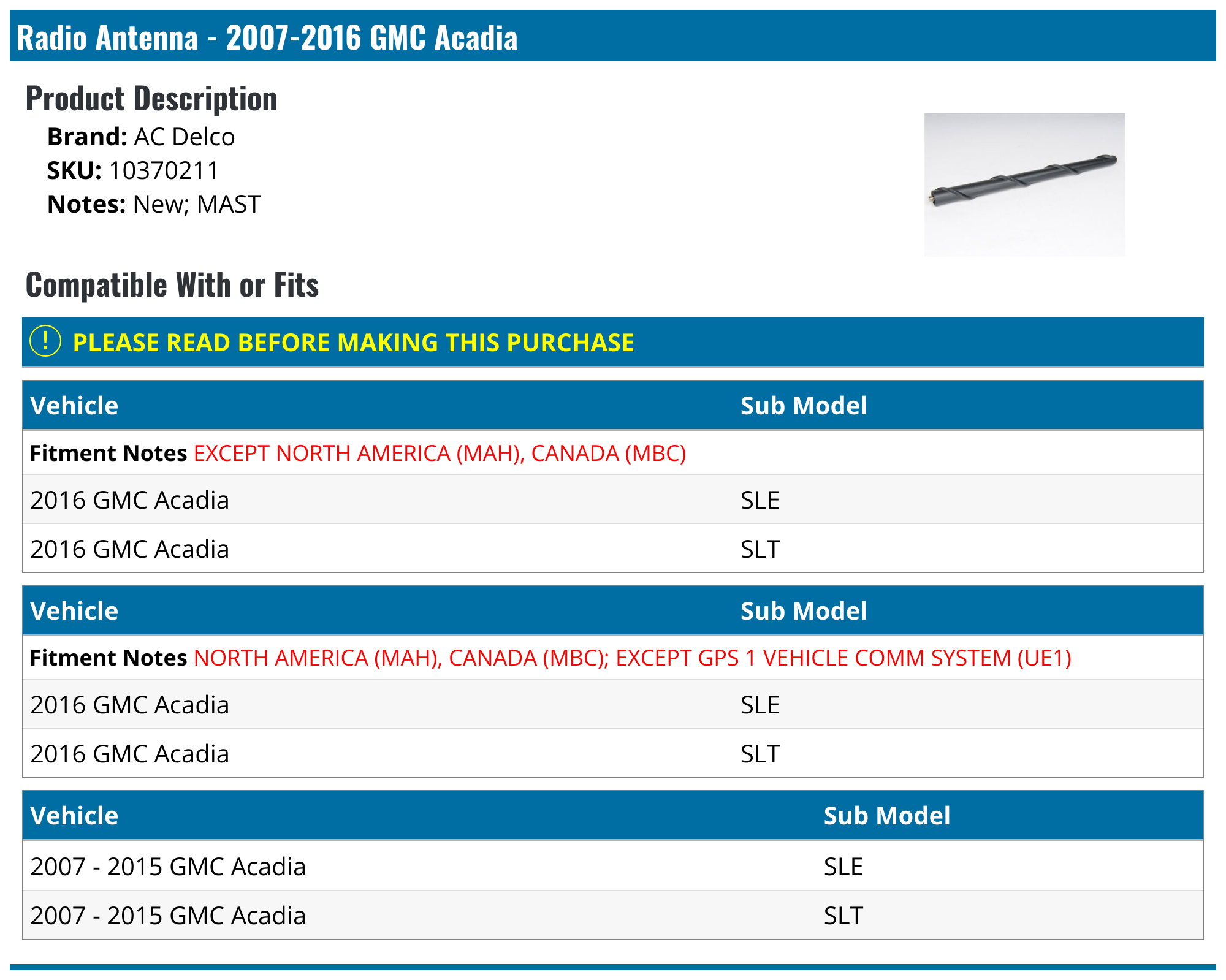 2007-2016 GMC Acadia Radio Antenna - AC Delco 10370211 - PartsGeek.com
