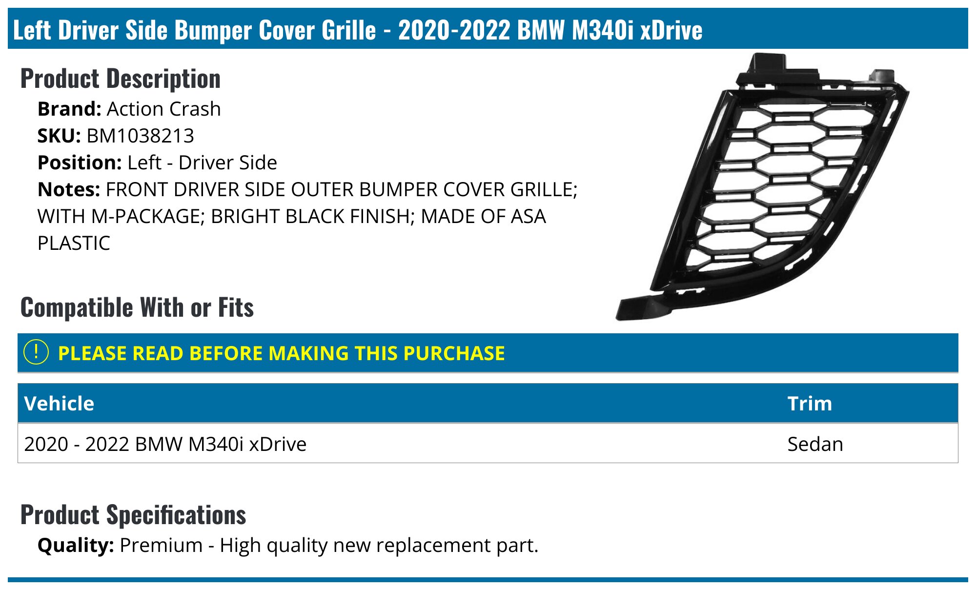 2020-2022 BMW M340i xDrive Bumper Cover Grille - Action Crash BM1038213 ...
