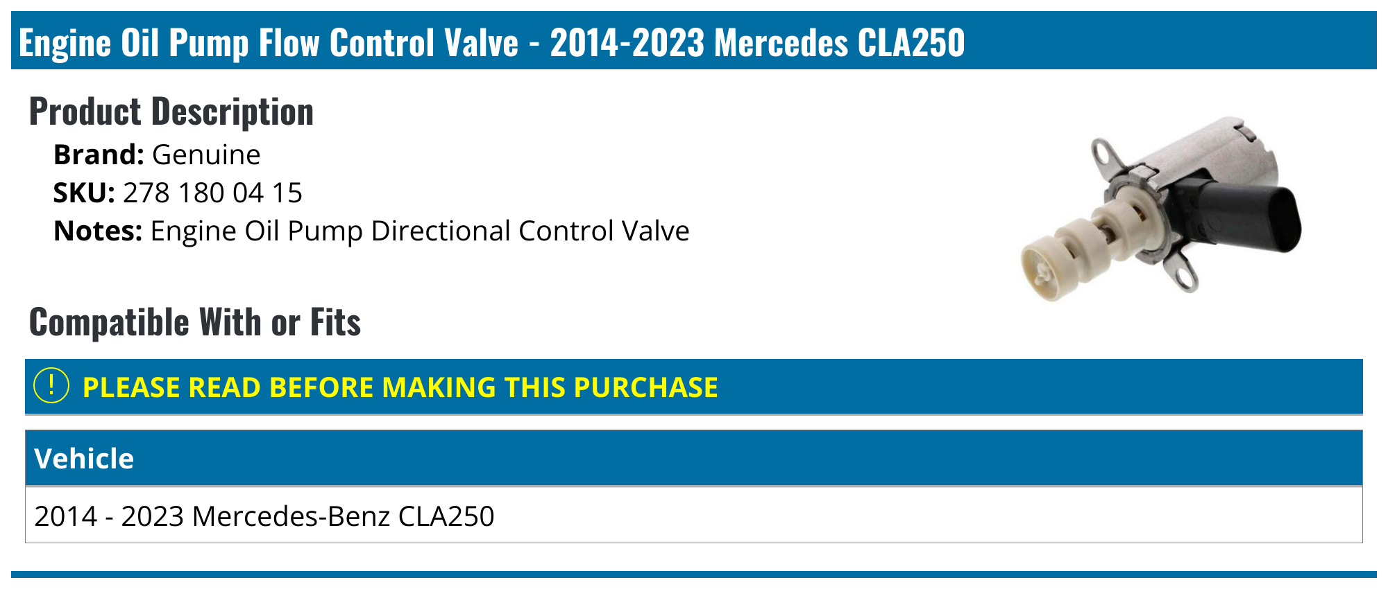 2014-2025 Mercedes CLA250 Engine Oil Pump Flow Control Valve - Genuine ...