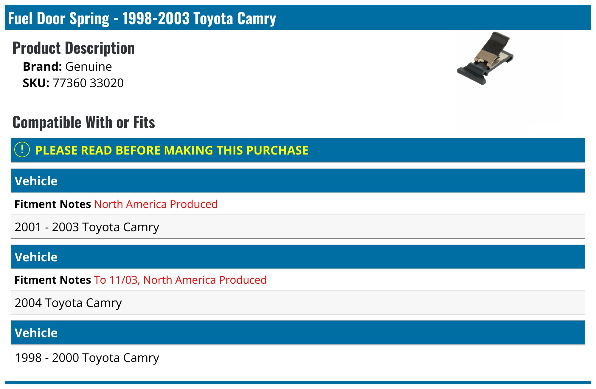 1998-2004 Toyota Camry Fuel Door Spring - Genuine 77360 33020 ...