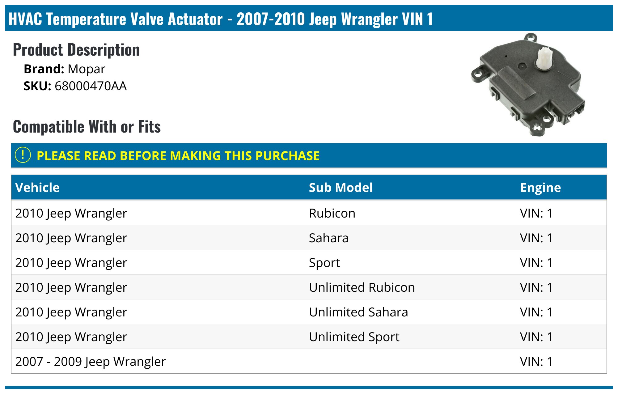 2007-2010 Jeep Wrangler HVAC Temperature Valve Actuator - Mopar ...