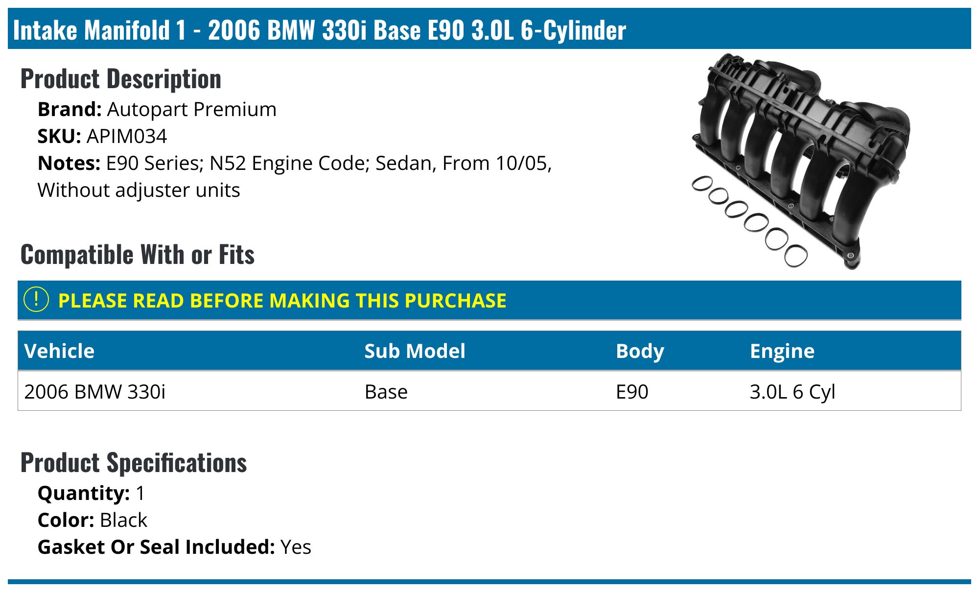 2006 BMW 330i Intake Manifold - Autopart Premium APIM034 - PartsGeek.com