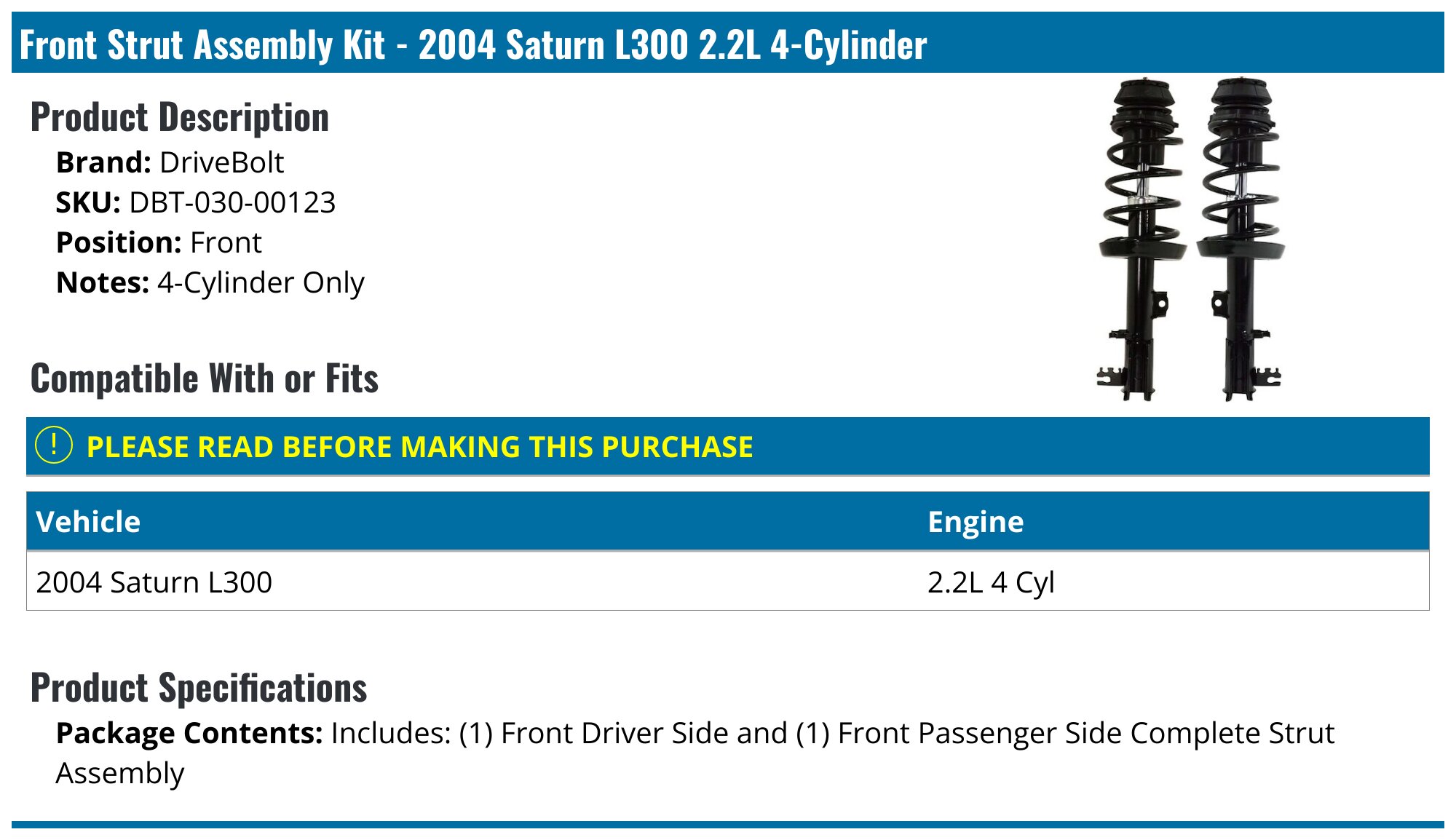 2004 Saturn L300 Strut Assembly - DriveBolt DBT-030-00123 - Front ...