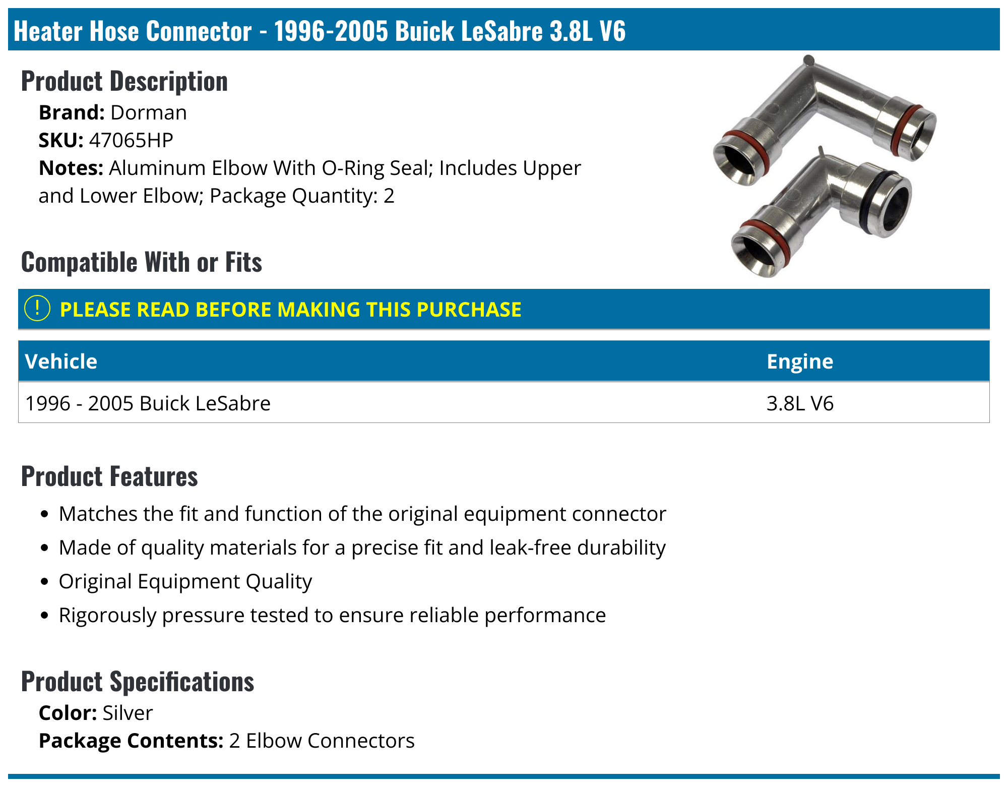 1996-2005 Buick LeSabre Heater Hose Connector - Dorman 47065HP ...