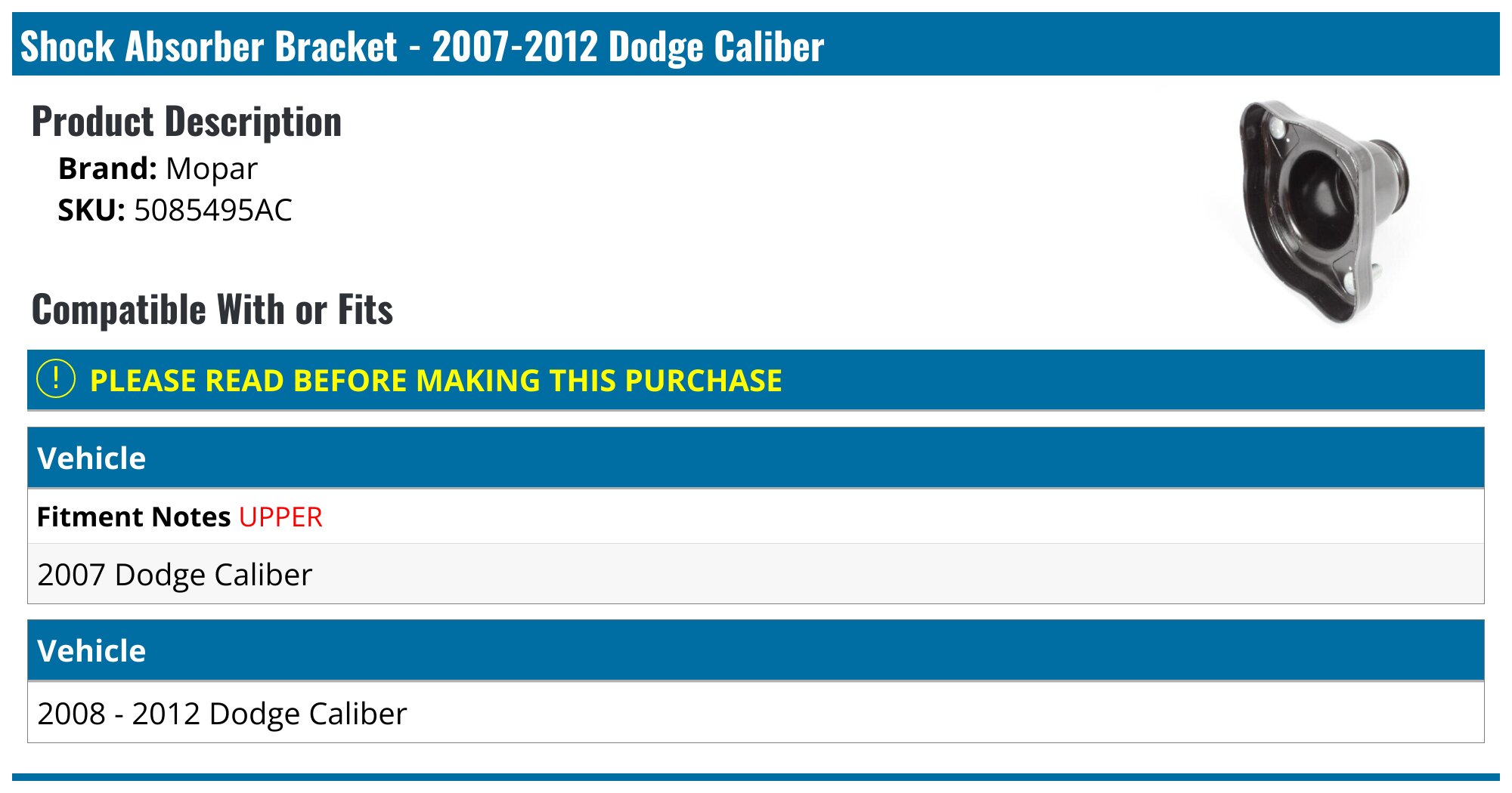 2007-2012 Dodge Caliber Shock Absorber Bracket - Mopar 5085495AC ...