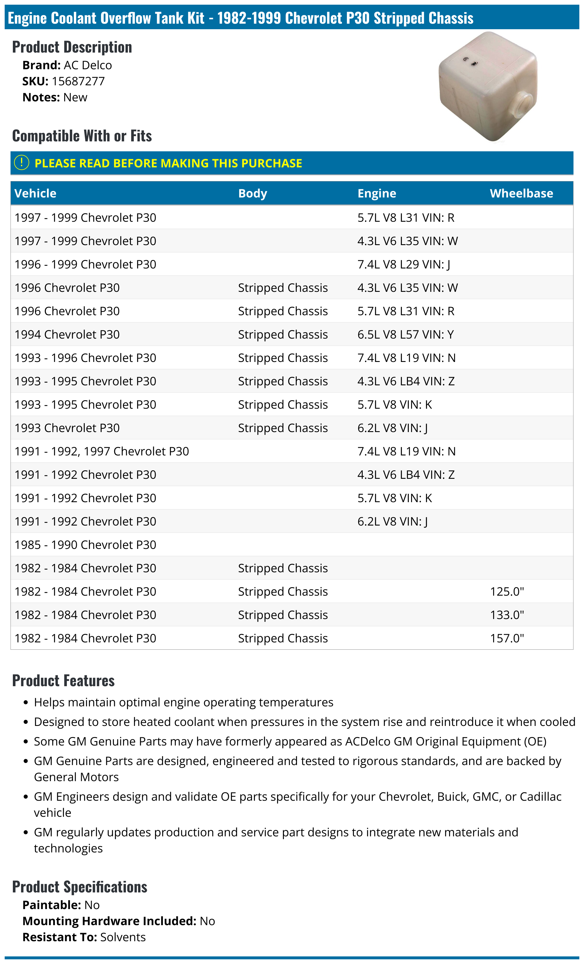 1982-1999 Chevrolet P30 Expansion Tank - AC Delco 15687277 - PartsGeek.com