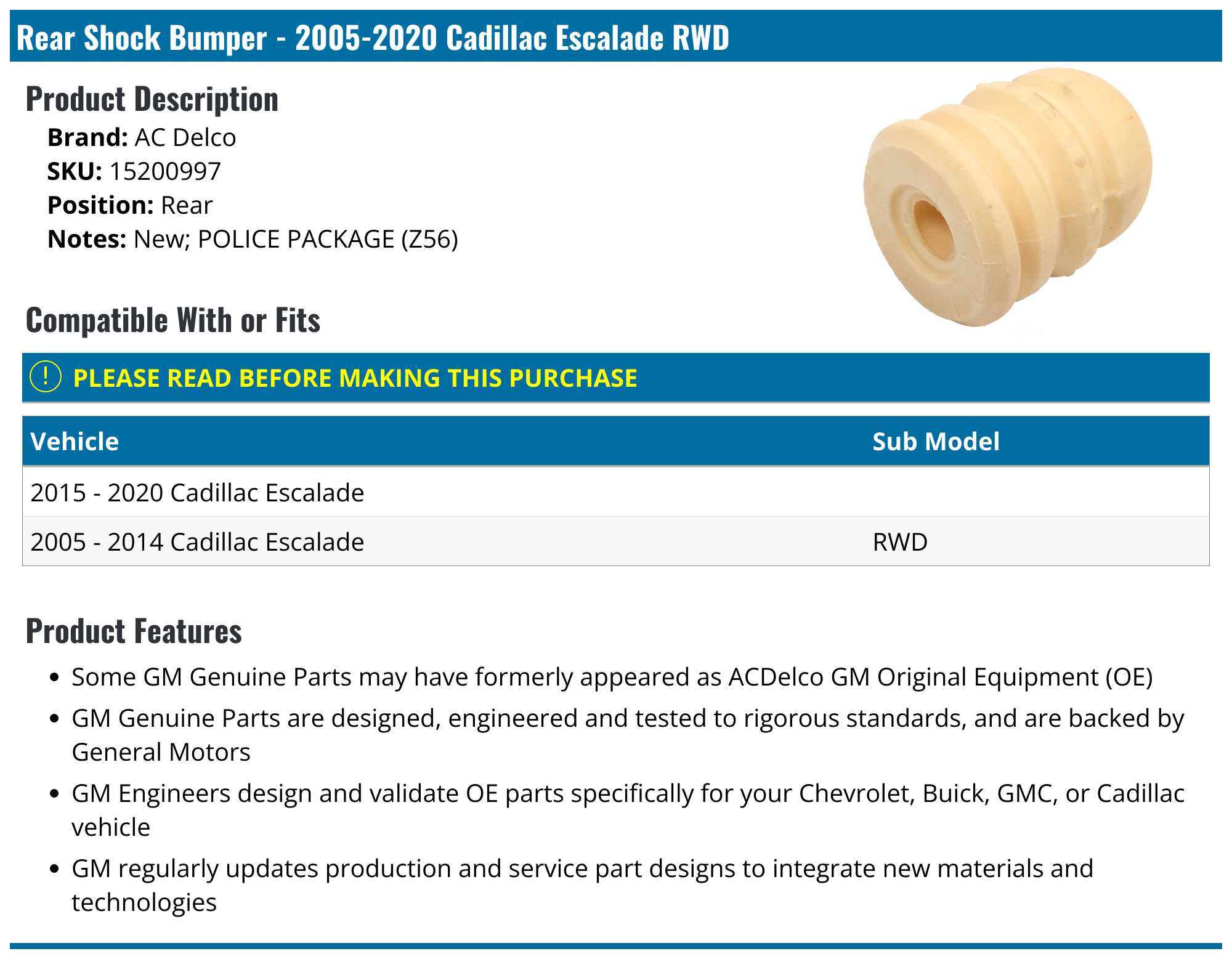 2005-2020 Cadillac Escalade Shock Bumper - AC Delco 15200997 - Rear ...
