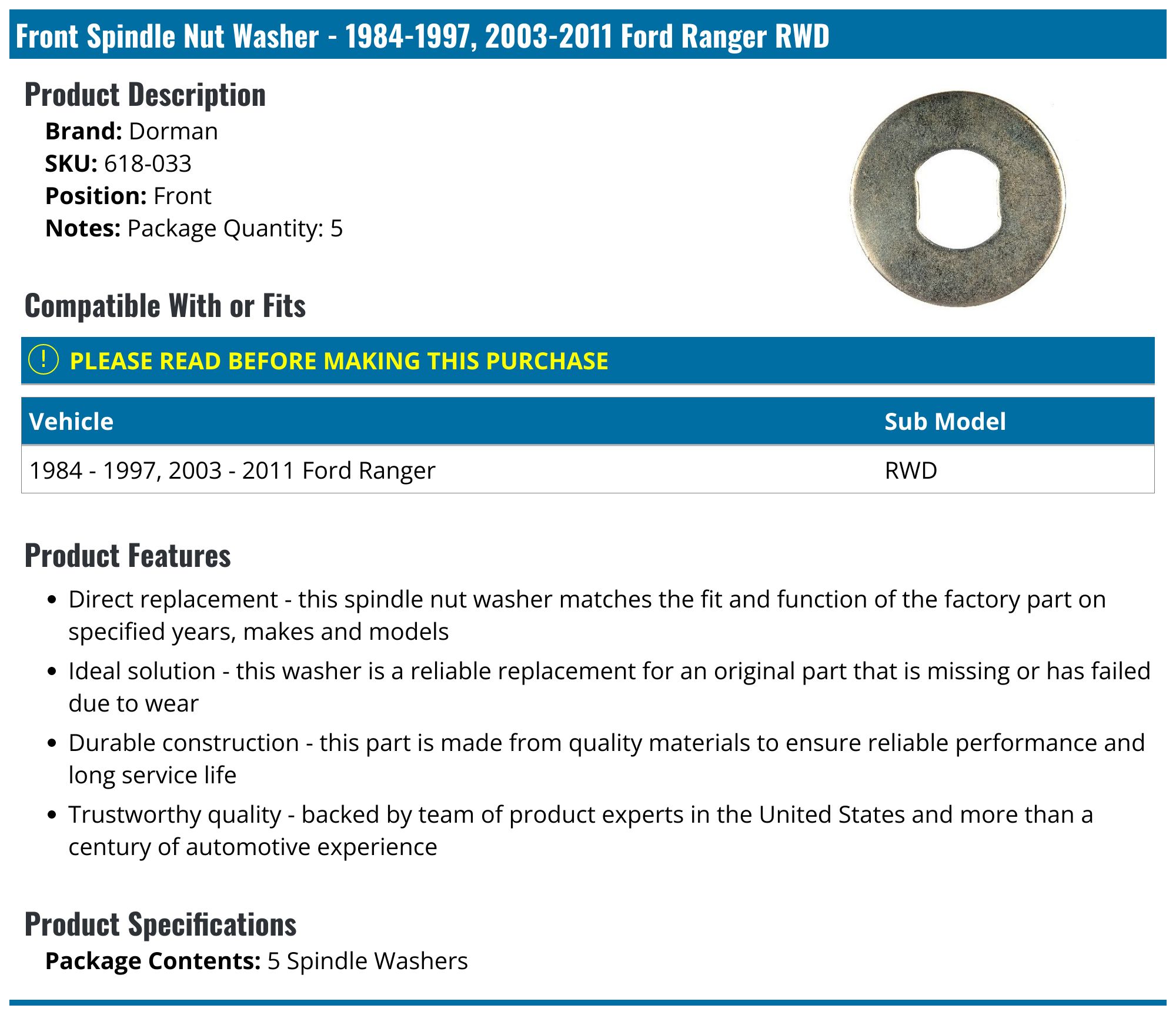 1984-1997, 2003-2011 Ford Ranger Spindle Nut Washer - Dorman 618-033 ...