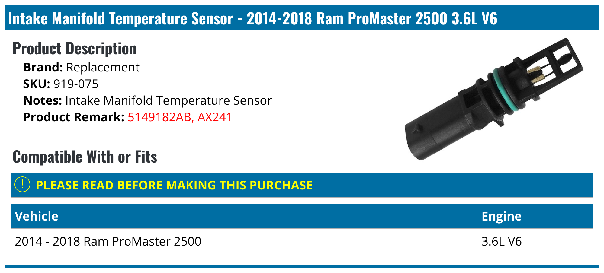 2014-2018 Ram ProMaster 2500 Intake Manifold Temperature Sensor ...